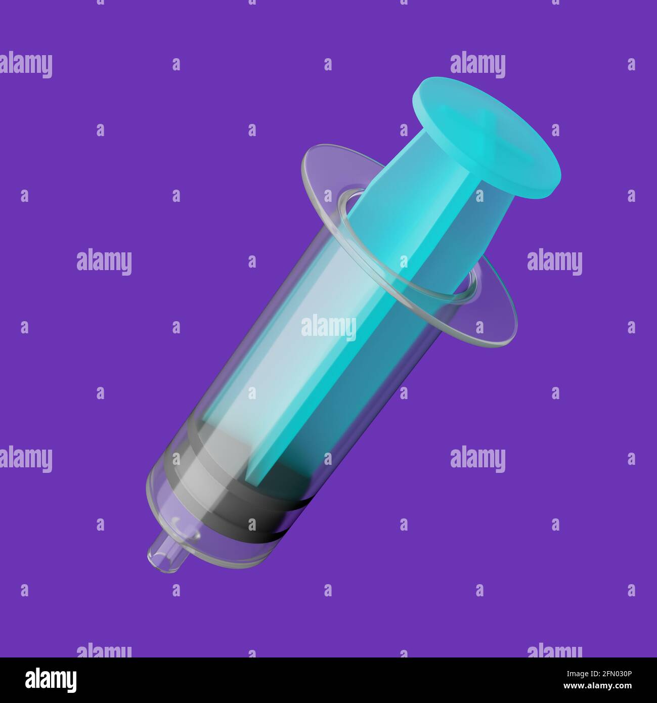 Medicine plastic syringe front view on shiny violet background. 3d ...