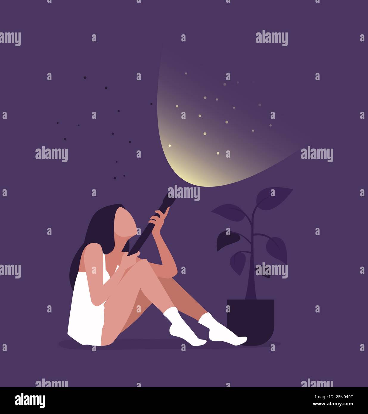 Young female character sitting and holding a flashlight and illuminate ...