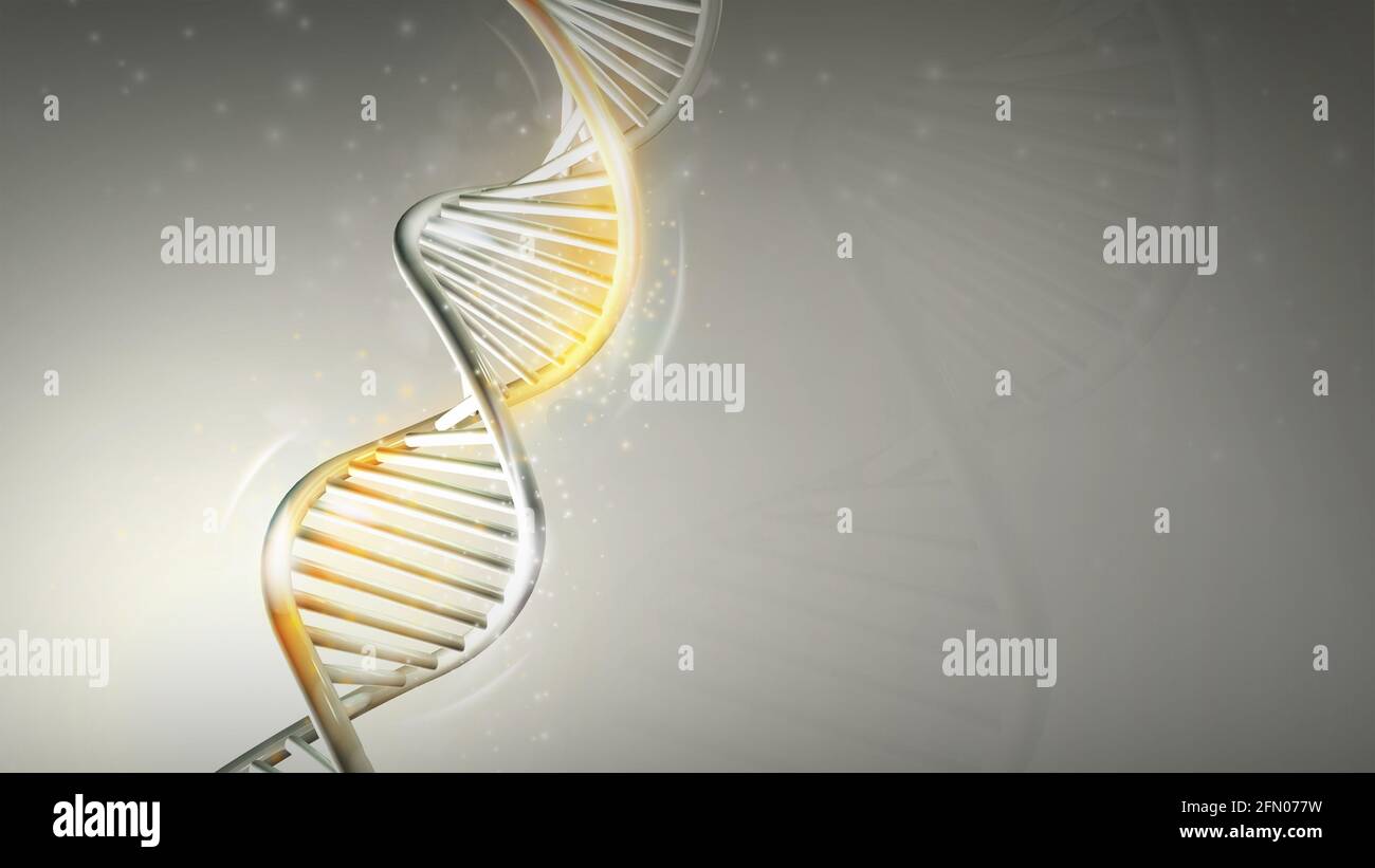 DNA model with golden glow on a light gray background, 3D render Stock ...