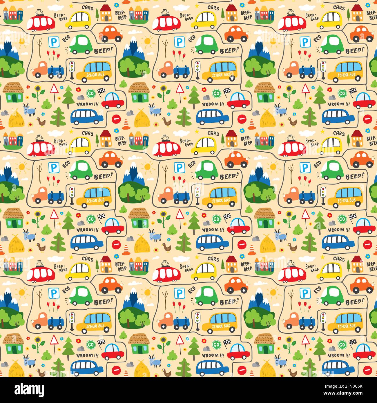 Cute Cars Seamless Pattern, Cartoon transportation Doodles Background ...