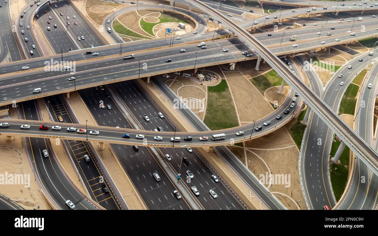 Dubai skyline bridge of highway car traffic city street urban landscape ...