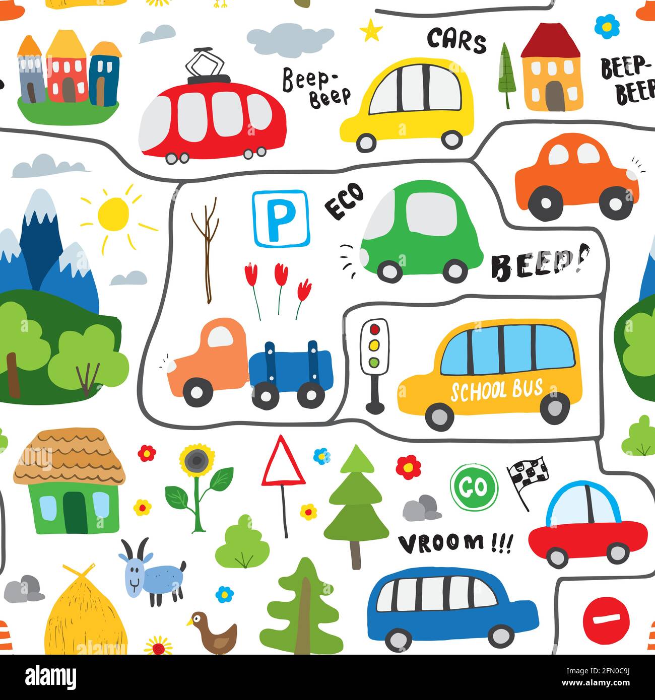 Cute Cars Seamless Pattern, Cartoon transportation Doodles Background ...