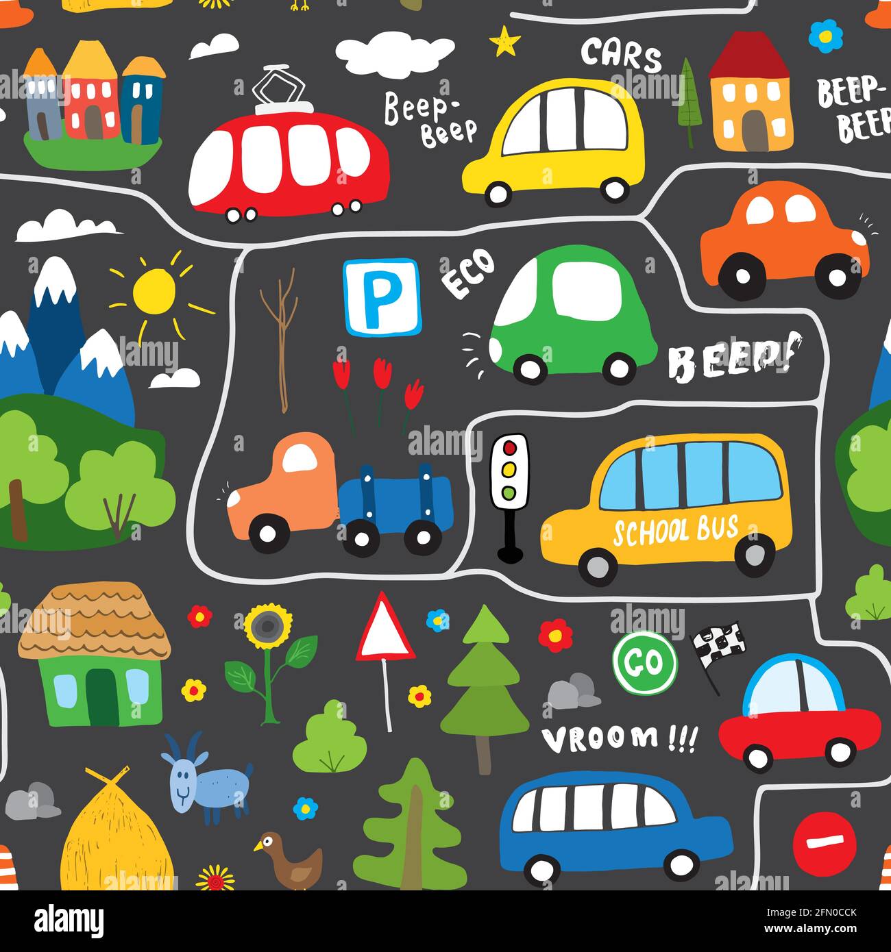 Cute Cars Seamless Pattern, Cartoon transportation Doodles Background ...