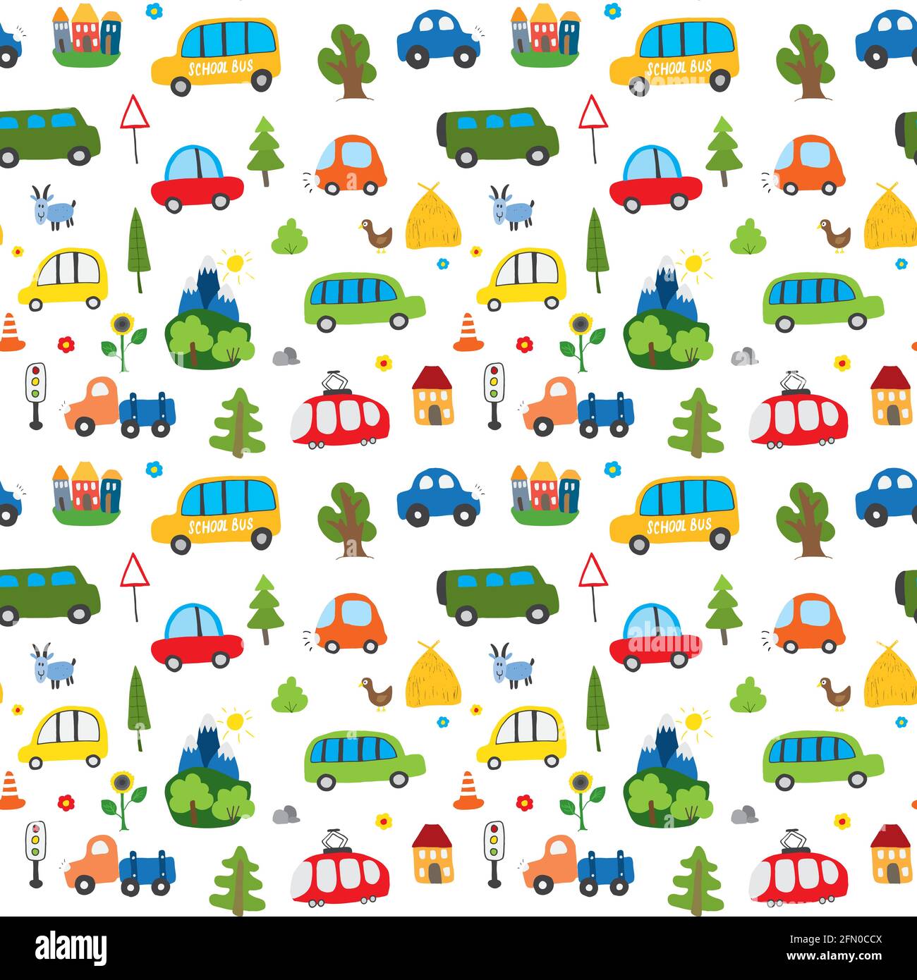Cute Cars Seamless Pattern, Cartoon transportation Doodles Background ...