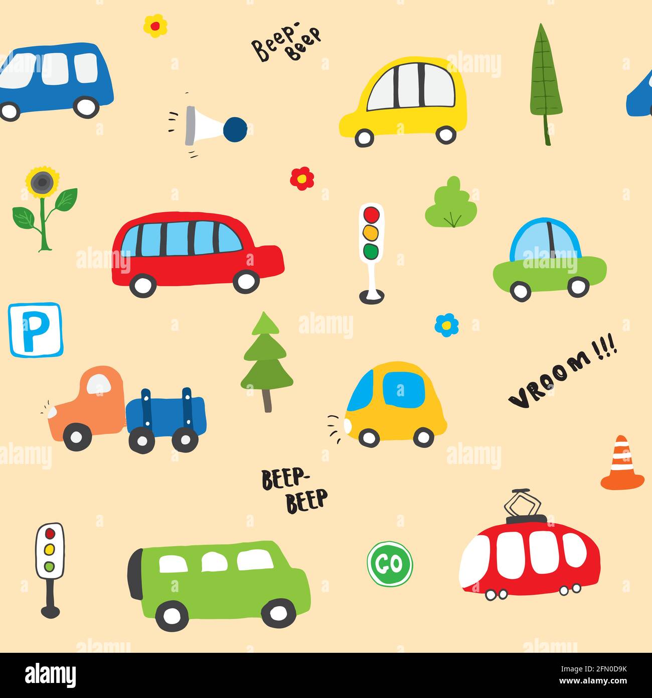 Cute Cars Seamless Pattern, Cartoon transportation Doodles Background ...