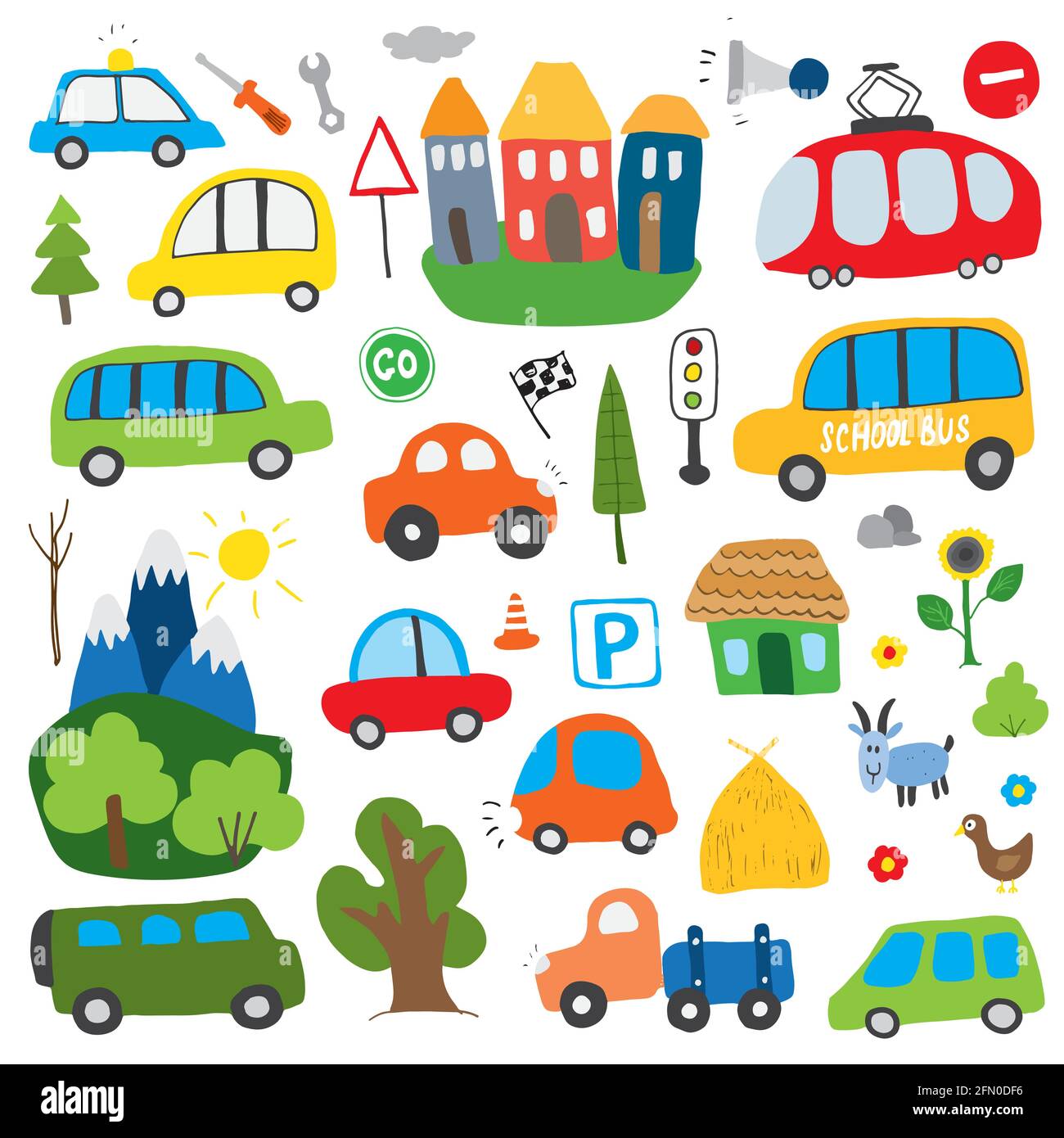 Cars Cartoon Set. Cute transport Doodles collection, vector ...