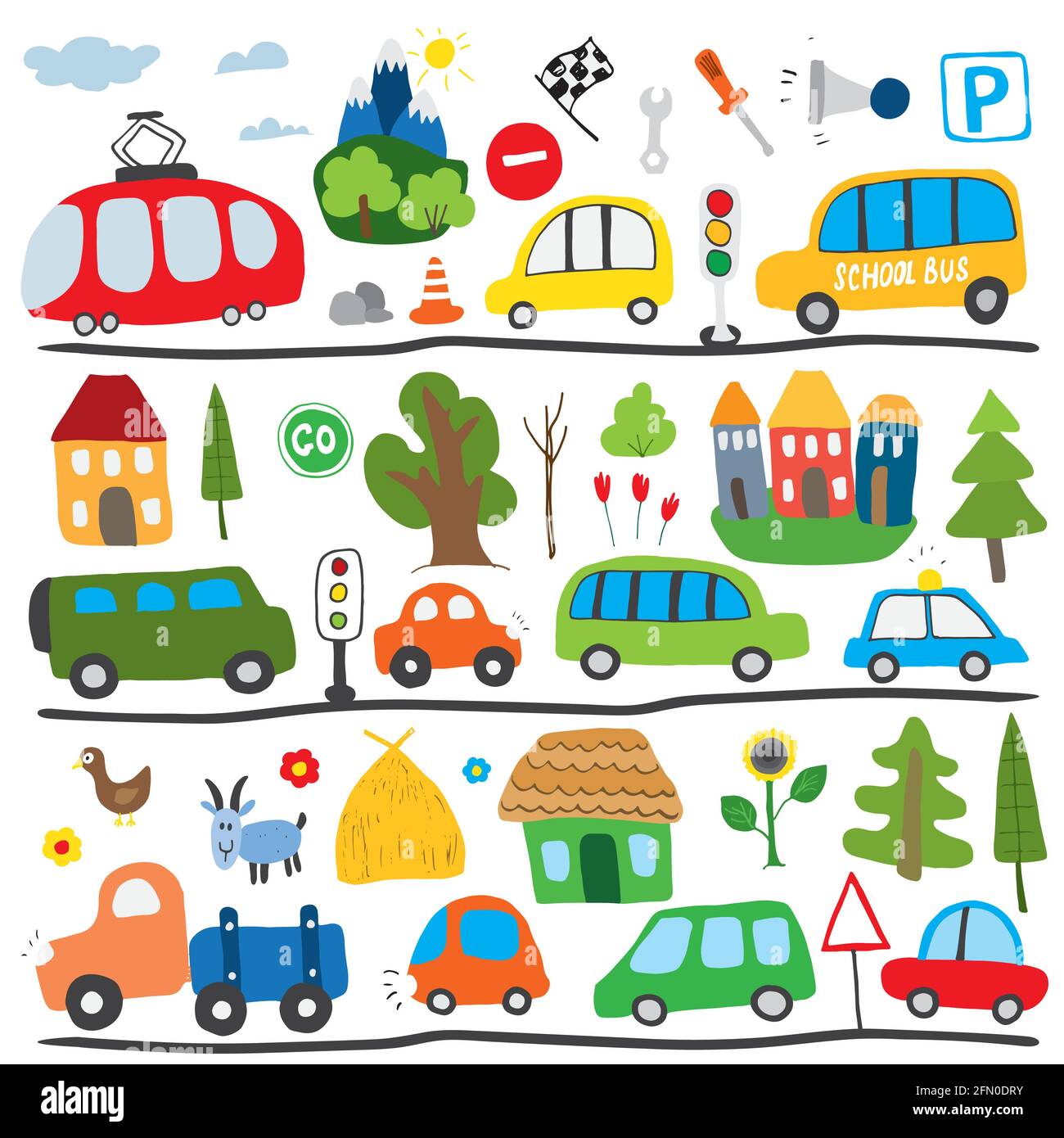 Cars Cartoon Set. Cute transport Doodles collection, vector ...