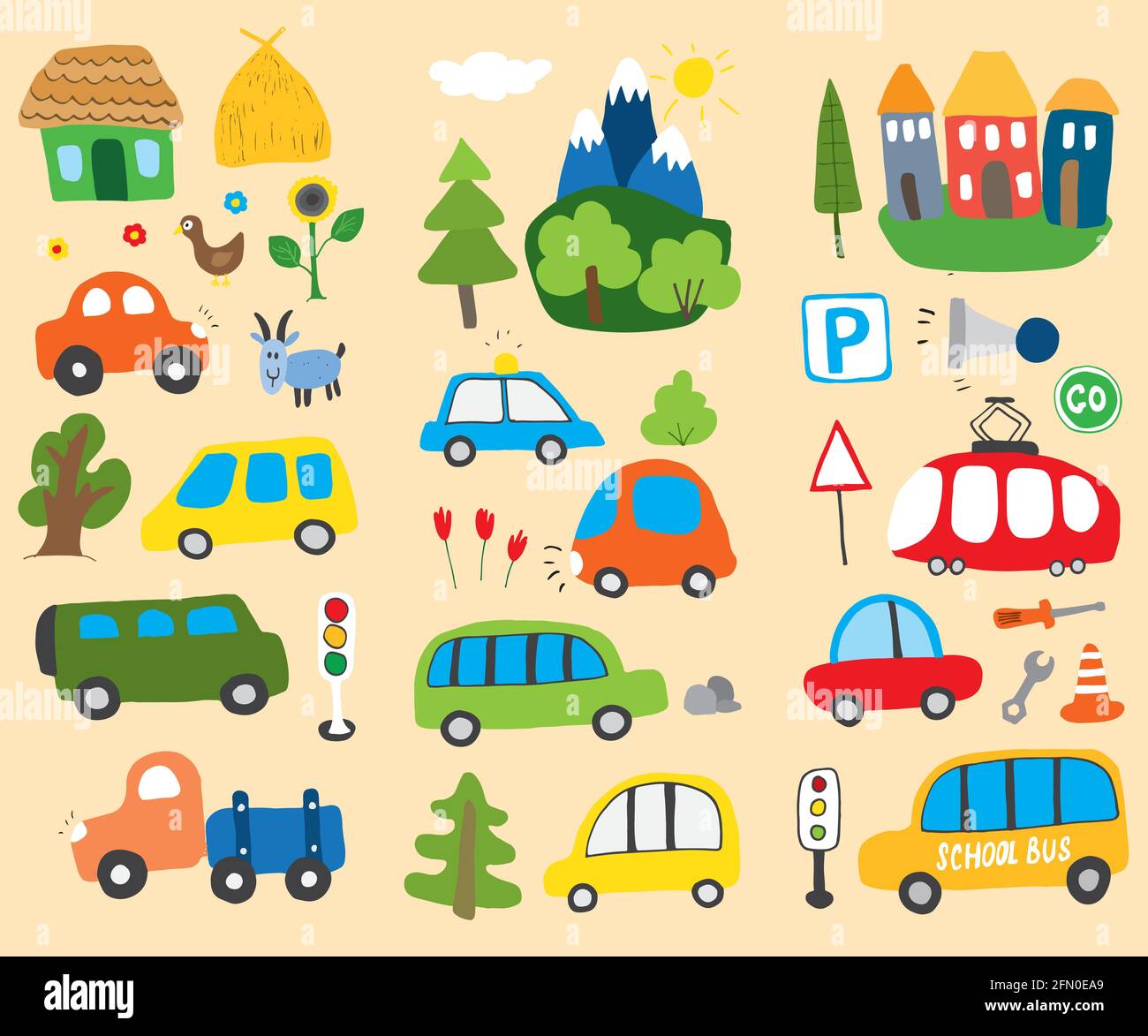 Cars Cartoon Set. Cute transport Doodles collection, vector ...