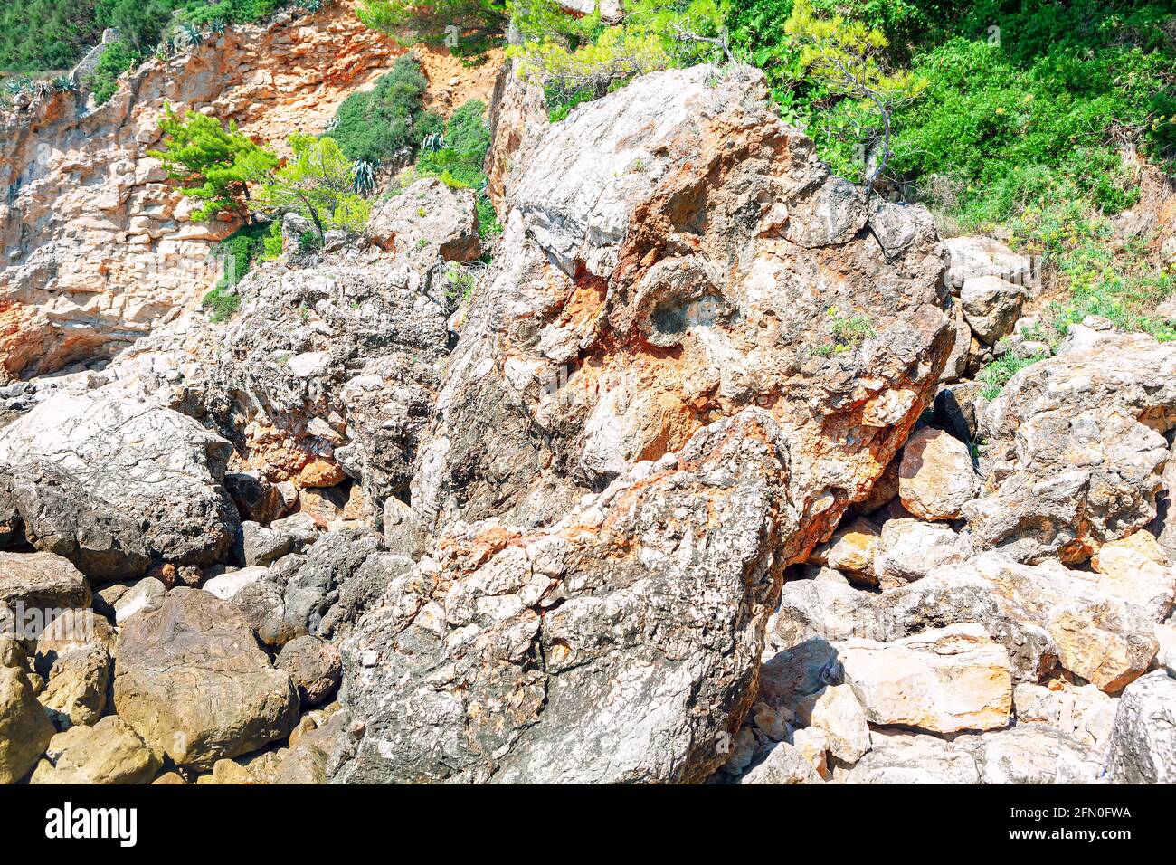 Coastal rockfall landscape . Big stones on the tropical coast Stock ...