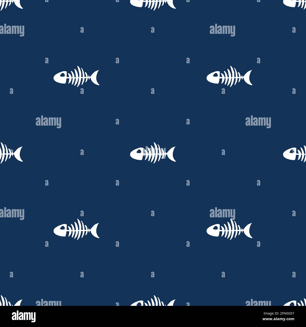 Fish bones Seamless pattern. Fish skeleton sketch, Hand drawn Cartoon ...