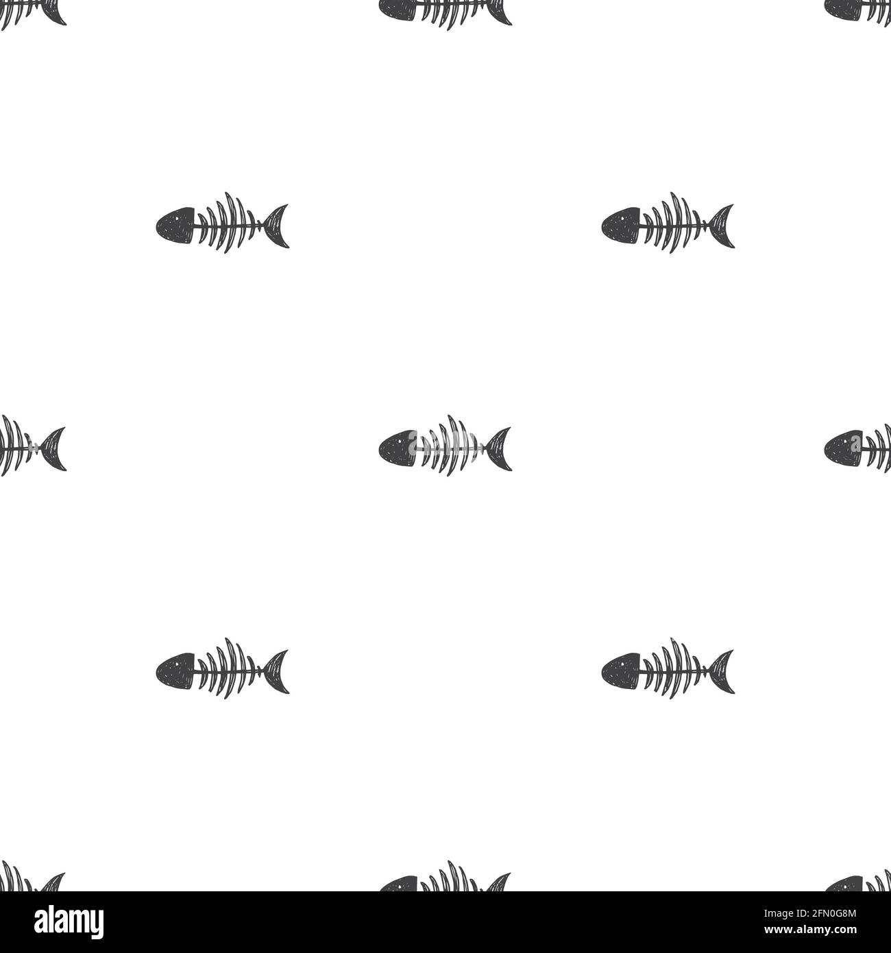 Fish bones Seamless pattern. Fish skeleton sketch, Hand drawn Cartoon Vector illustration Stock ...