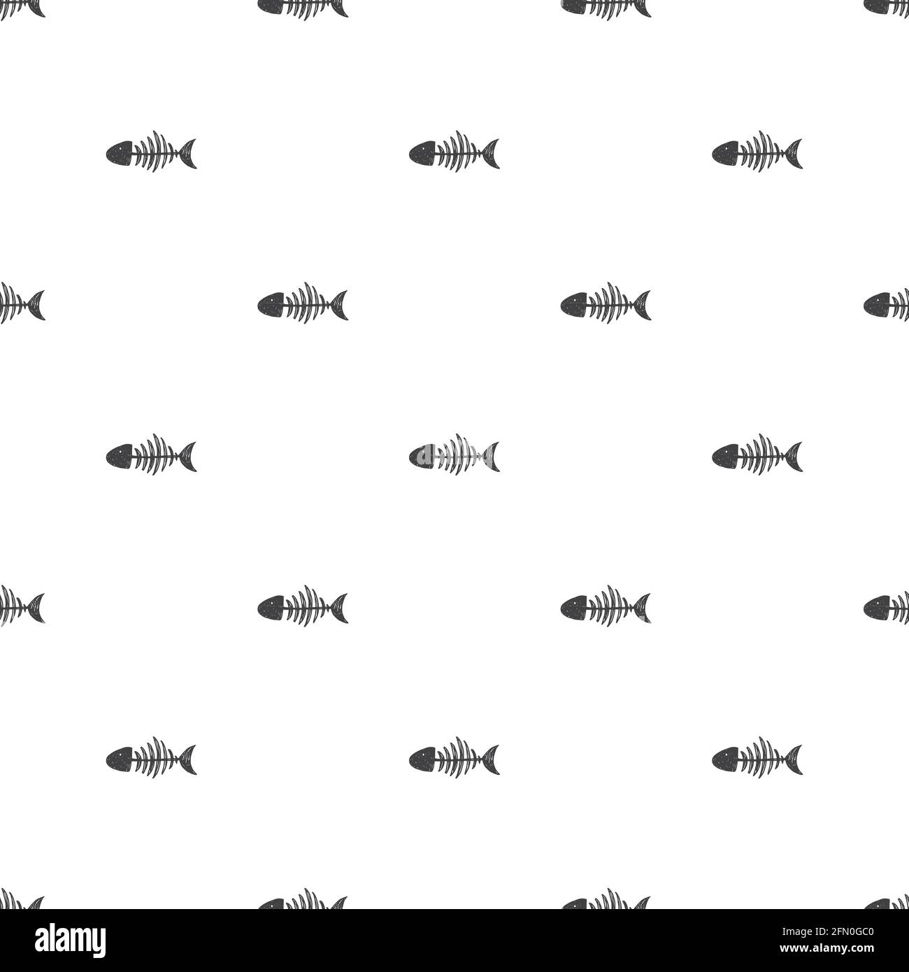 Fish bones Seamless pattern. Fish skeleton sketch, Hand drawn Cartoon ...
