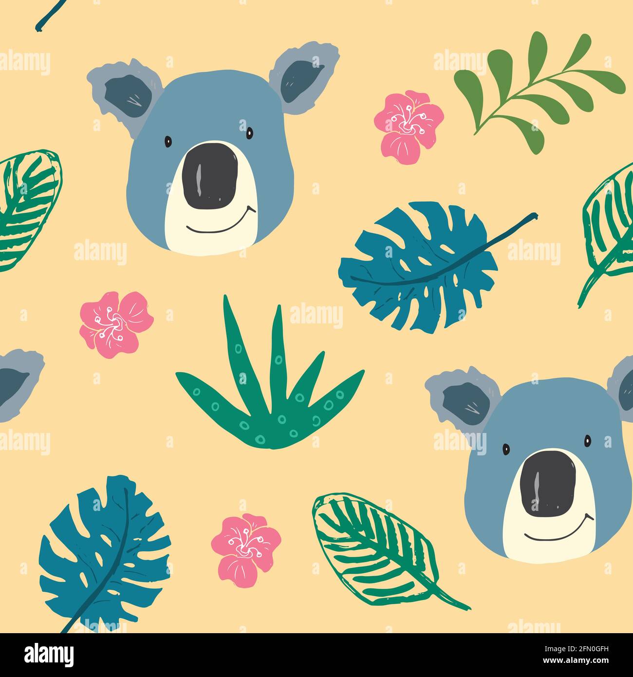 Cute Koala and Tropical plants Seamless pattern. Cartoon Hand Drawn ...