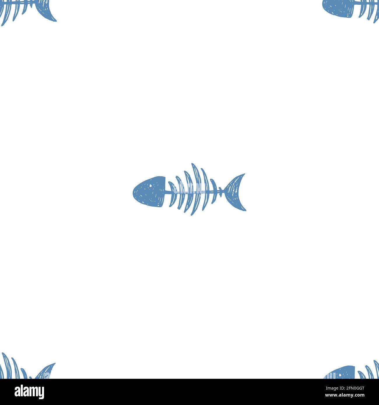 Fish bones Seamless pattern. Fish skeleton sketch, Hand drawn Cartoon ...