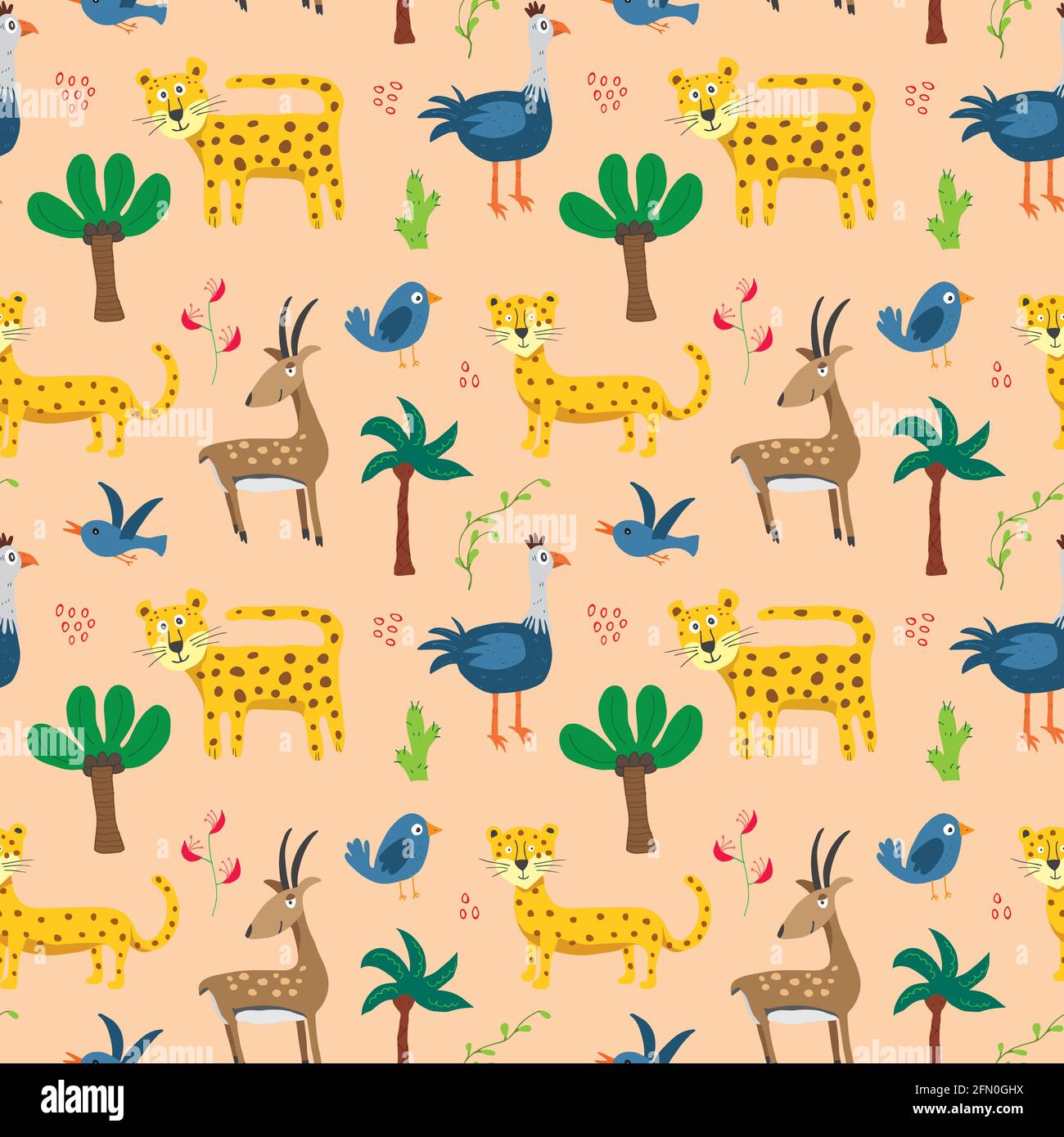Cute Animals Seamless pattern. Cartoon Animals and Tropical plants ...