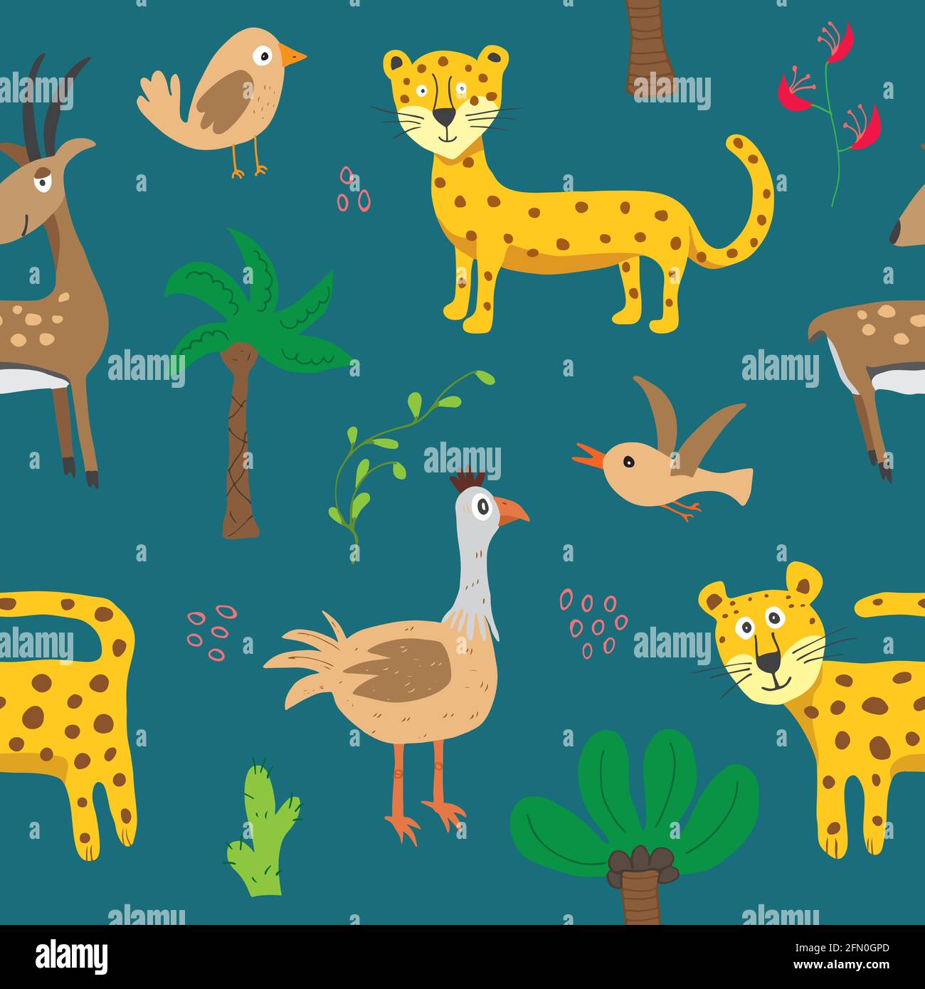 Cute Animals Seamless pattern. Cartoon Animals and Tropical plants ...