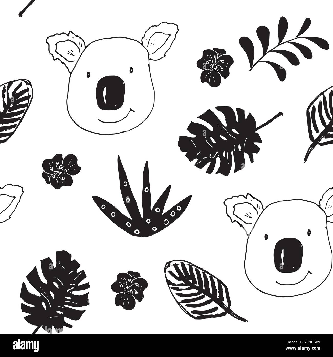 Cute Koala and Tropical plants Seamless pattern. Cartoon Hand Drawn ...