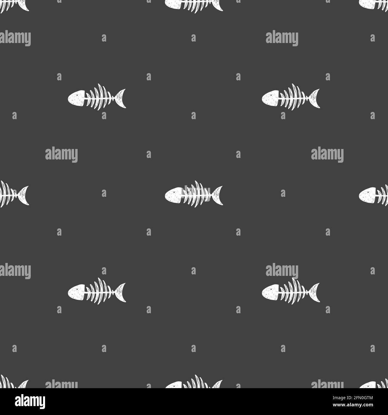 Fish bones Seamless pattern. Fish skeleton sketch, Hand drawn Cartoon ...