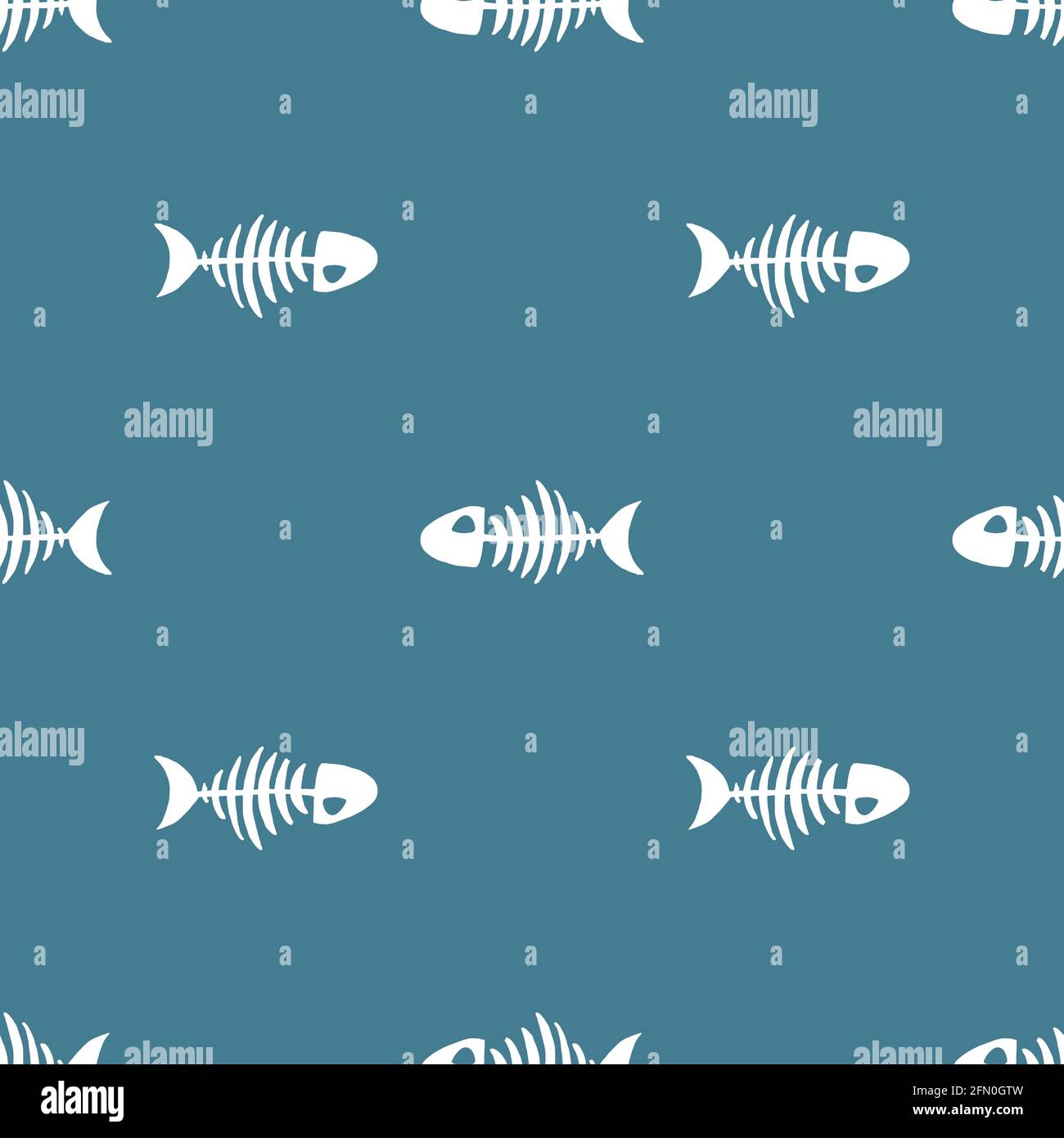Fish bones Seamless pattern. Fish skeleton sketch, Hand drawn Cartoon ...