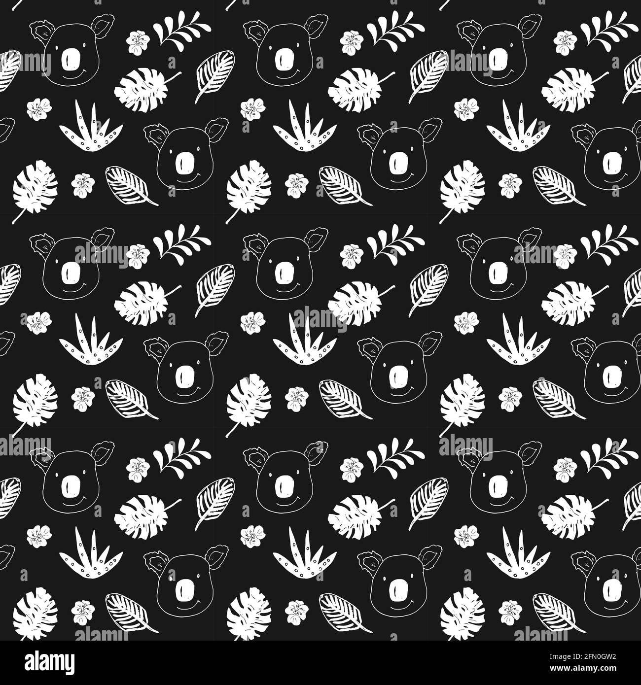 Cute Koala and Tropical plants Seamless pattern. Cartoon Hand Drawn ...