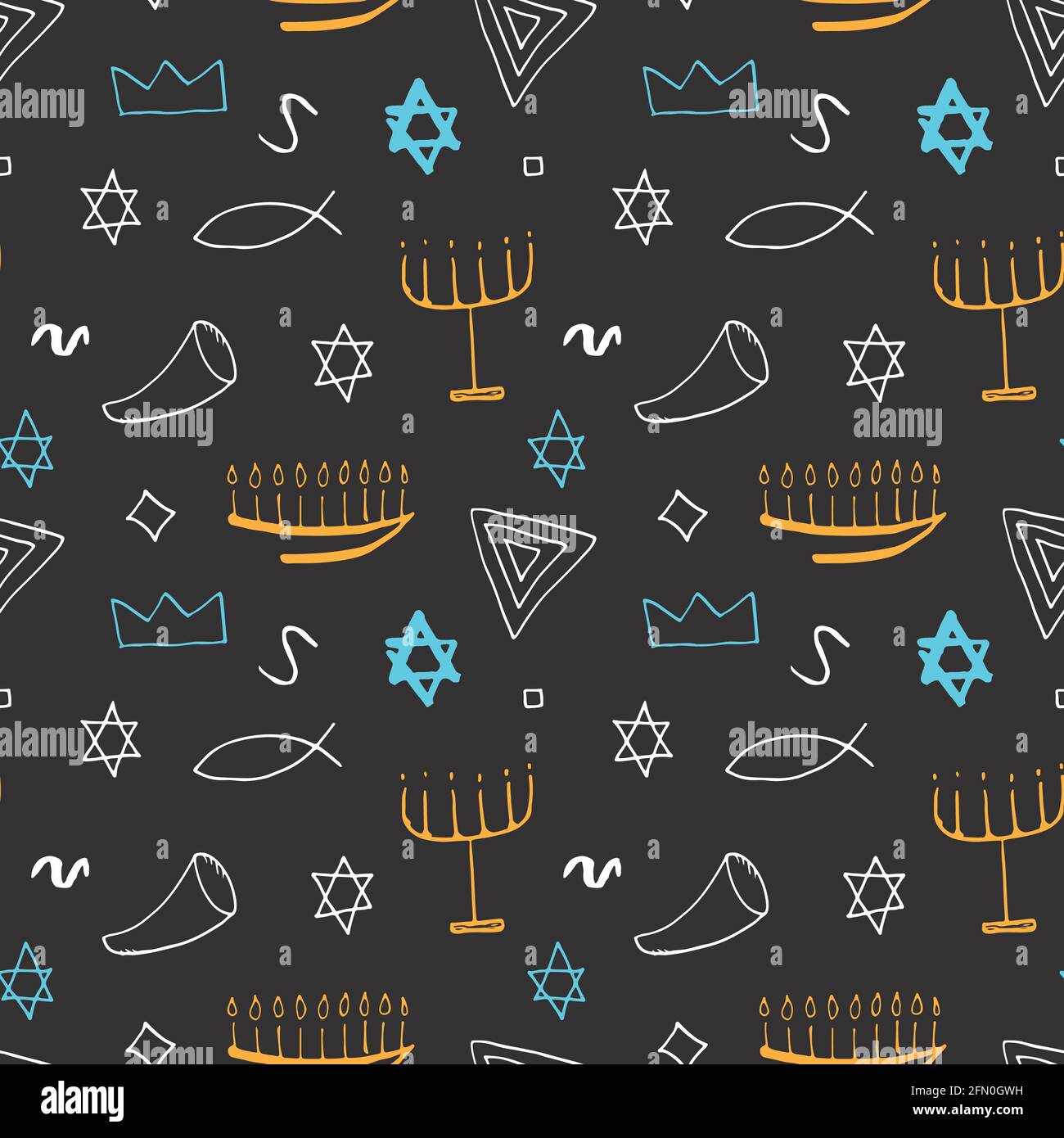 Jewish items seamless pattern, Jewish hand drawn lineart icons ...