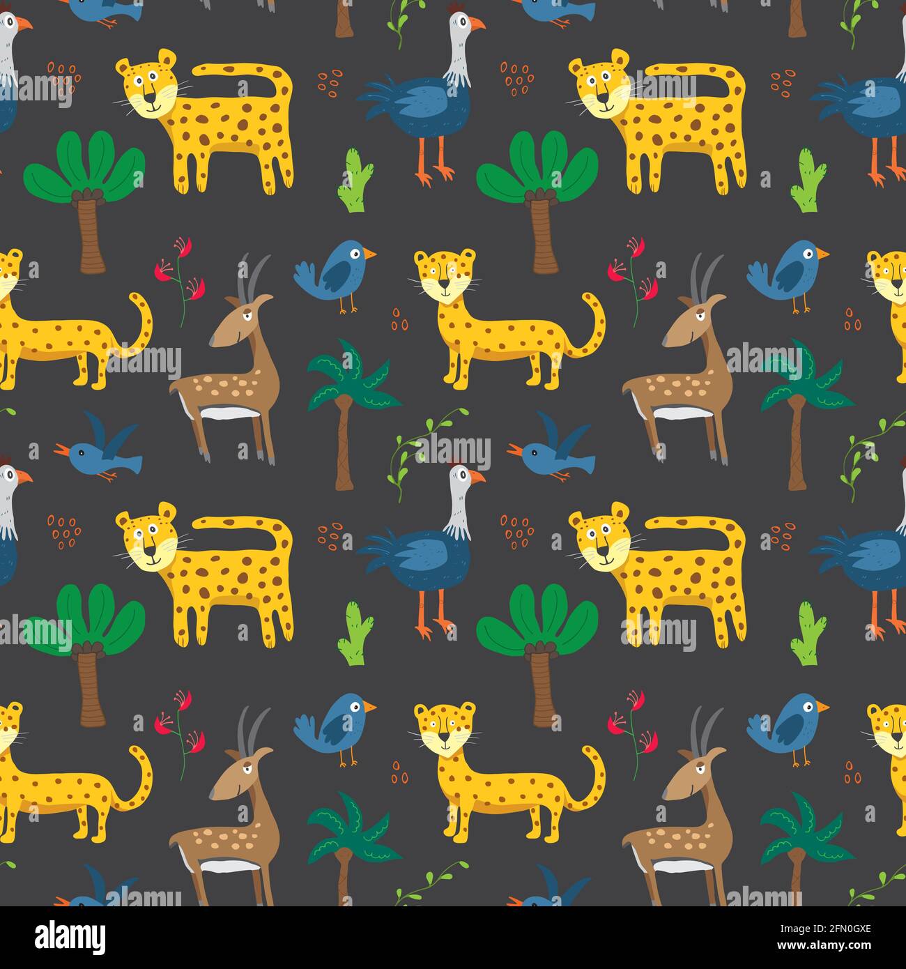 Cute Animals Seamless pattern. Cartoon Animals and Tropical plants ...
