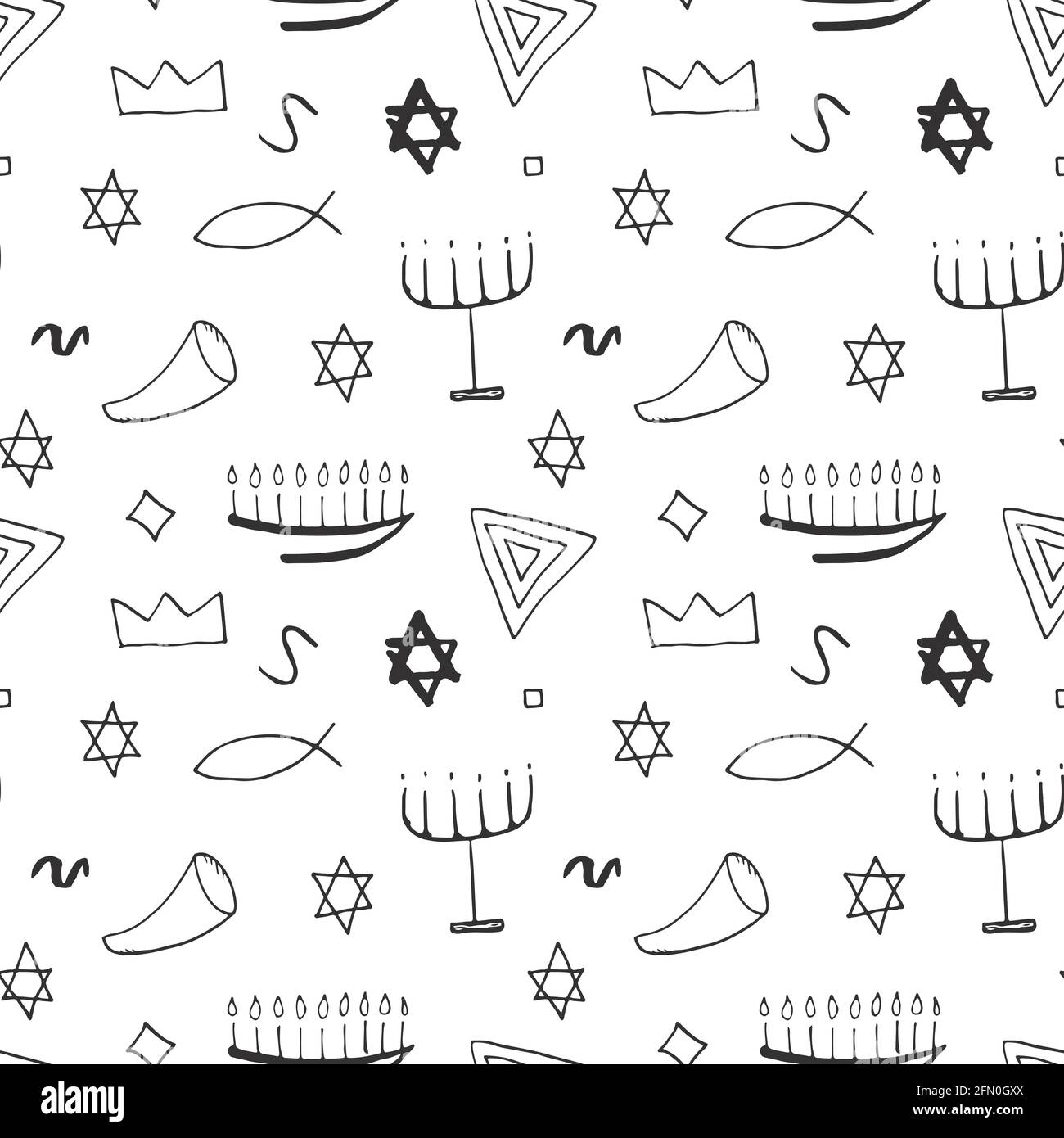 Jewish items seamless pattern, Jewish hand drawn lineart icons ...