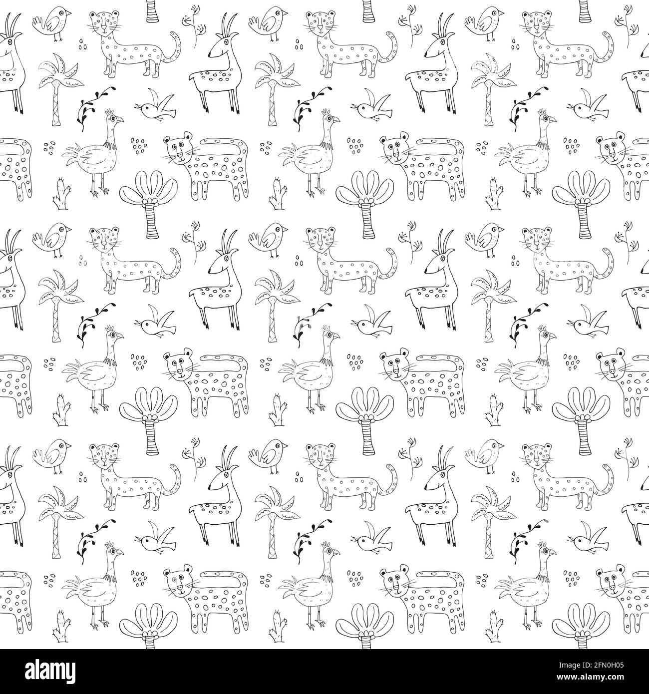 Cute Animals Seamless pattern. Cartoon Animals and Tropical plants ...