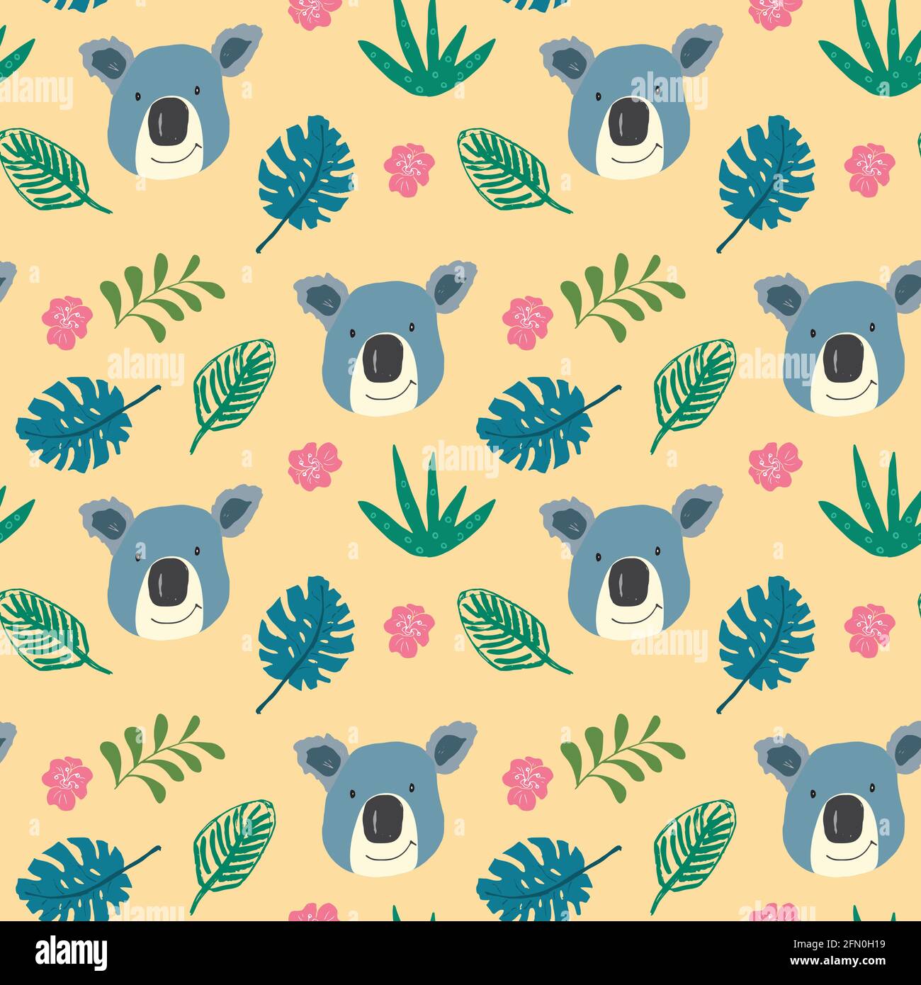 Cute Koala and Tropical plants Seamless pattern. Cartoon Hand Drawn ...