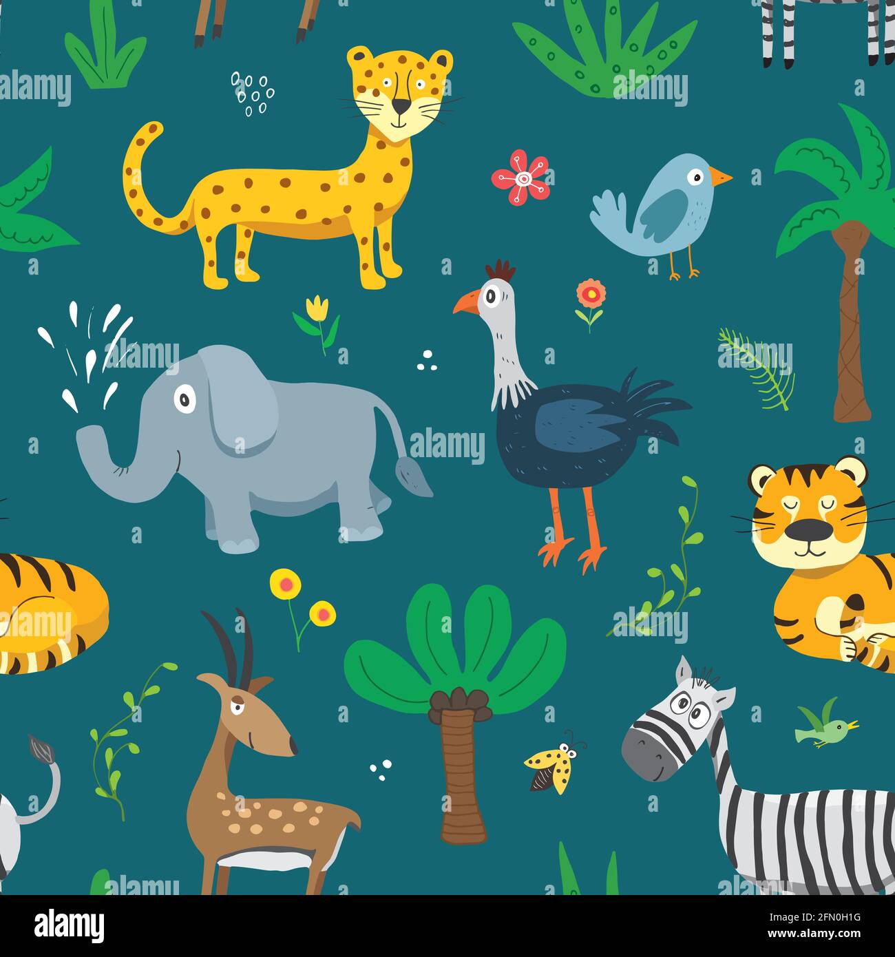 Cute Animals Seamless pattern. Cartoon Animals and plants doodles ...