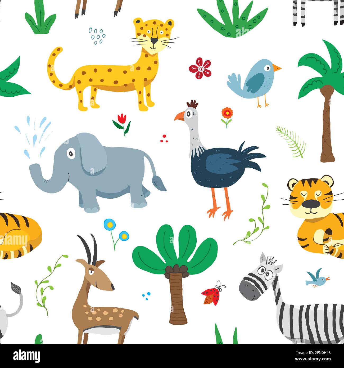 Cute Animals Seamless pattern. Cartoon Animals and plants doodles ...