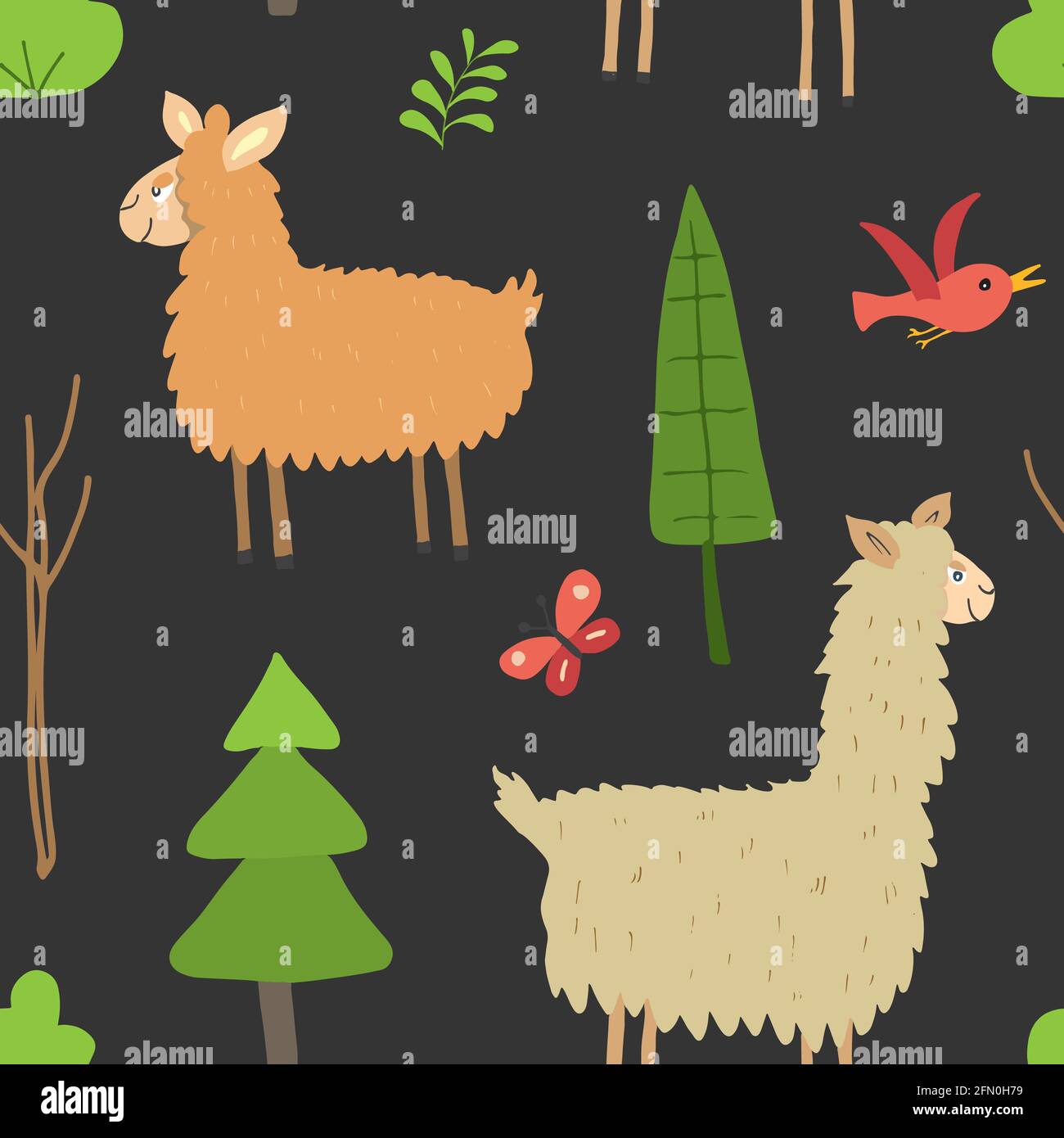 Cute Lama Seamless pattern. Cartoon Animals in forest background ...
