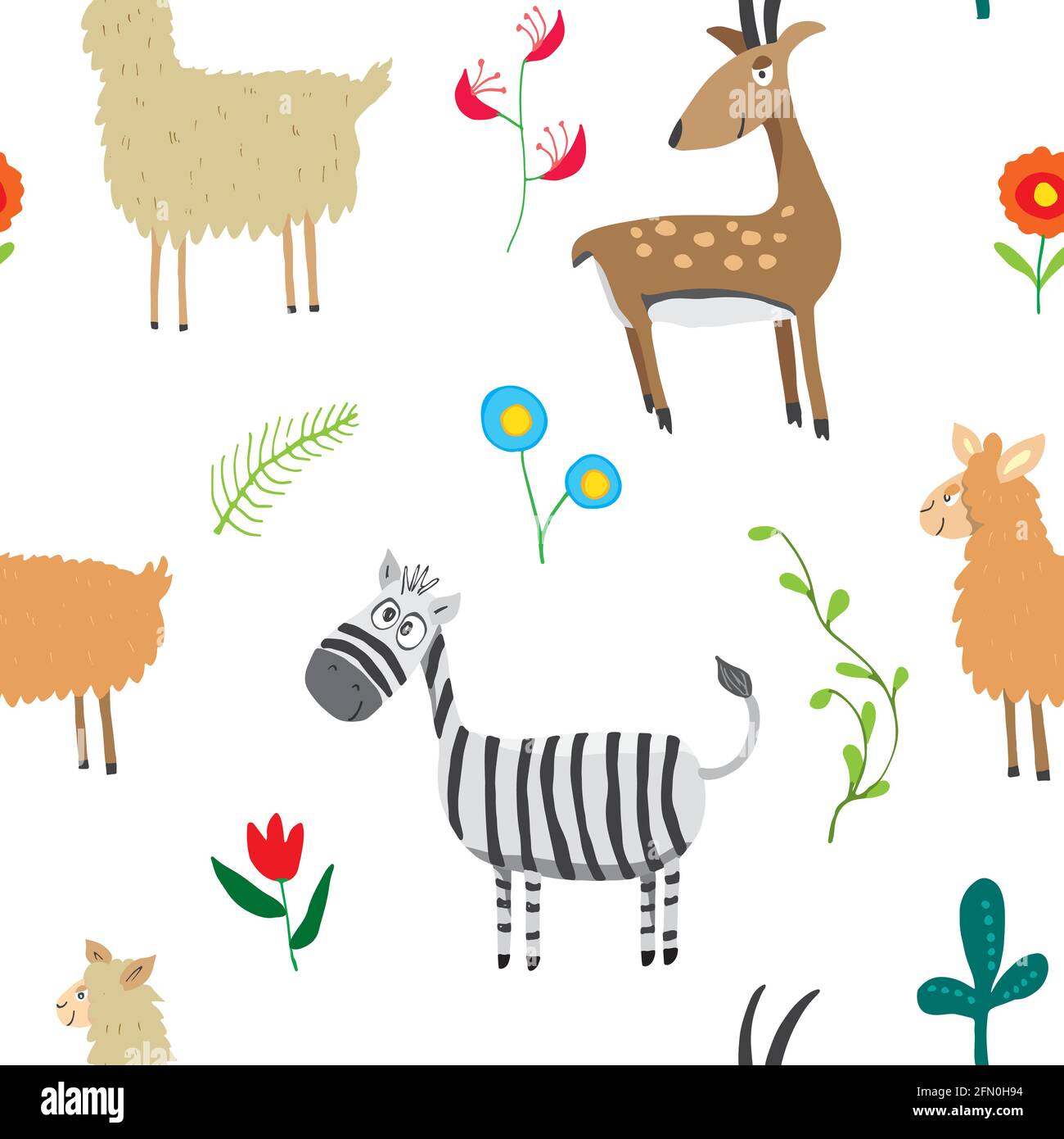Cute Animals Seamless pattern. Cartoon Animals and plants doodles ...