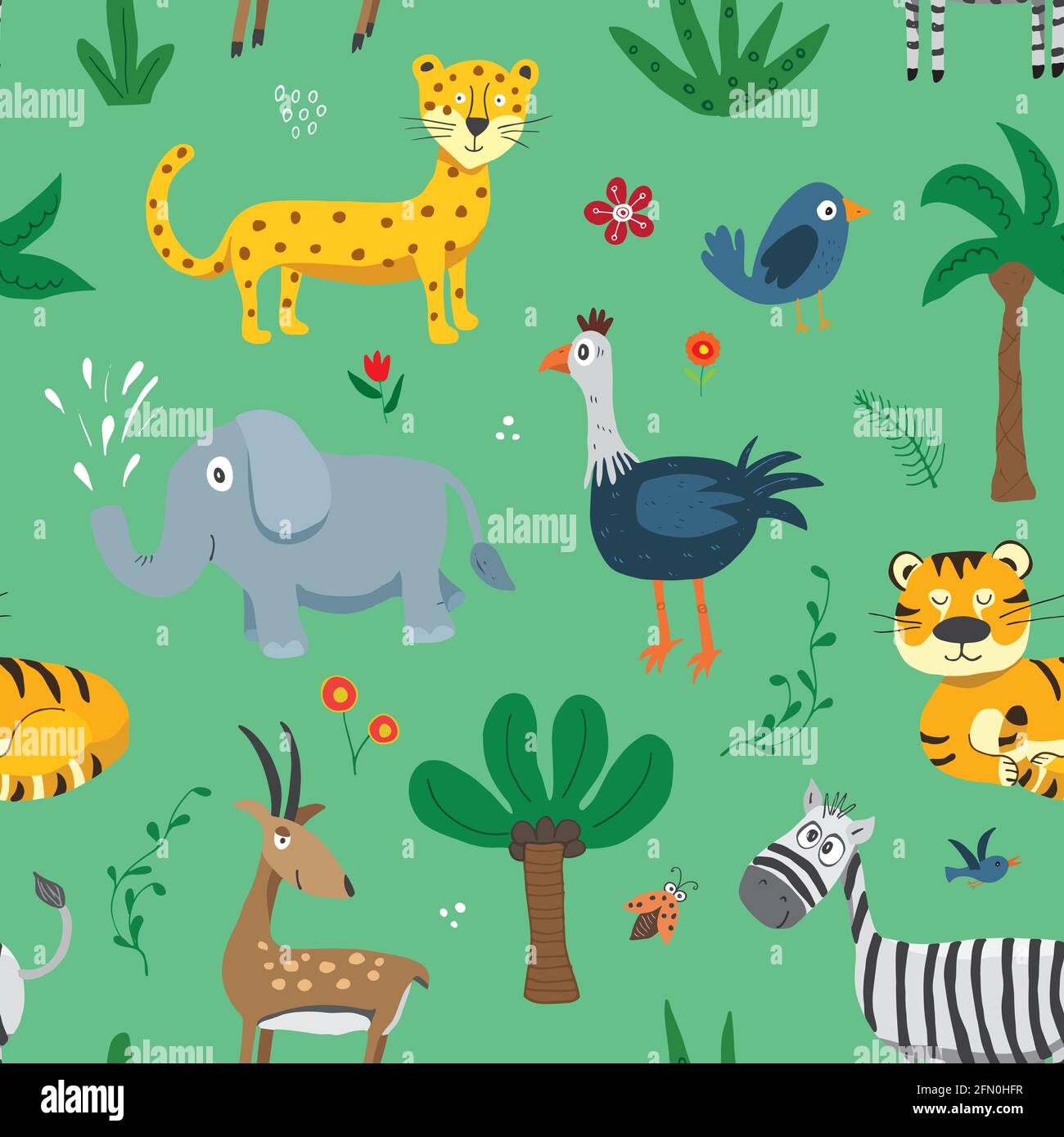 Cute Animals Seamless pattern. Cartoon Animals and plants doodles ...