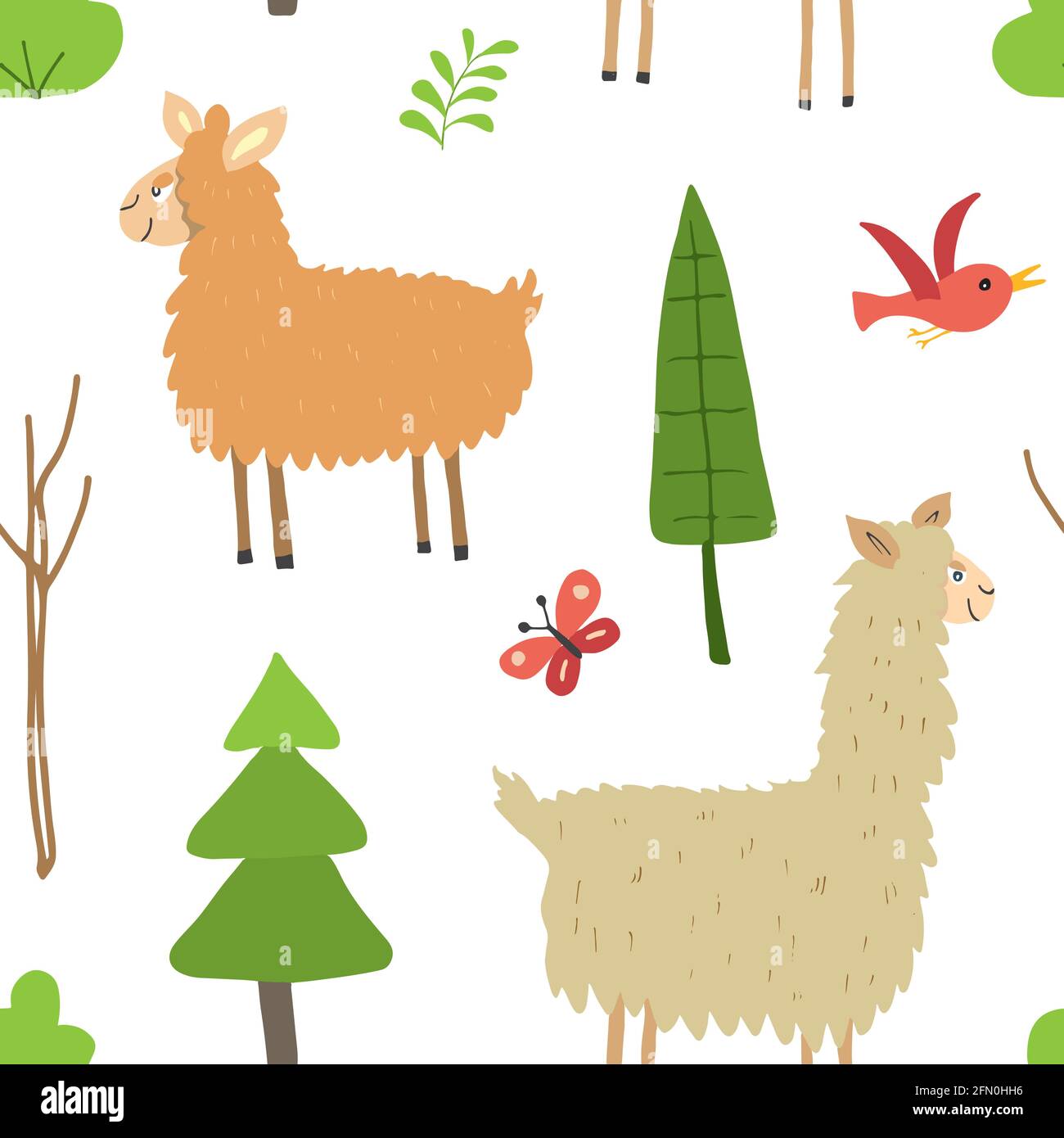 Cute Lama Seamless pattern. Cartoon Animals in forest background ...
