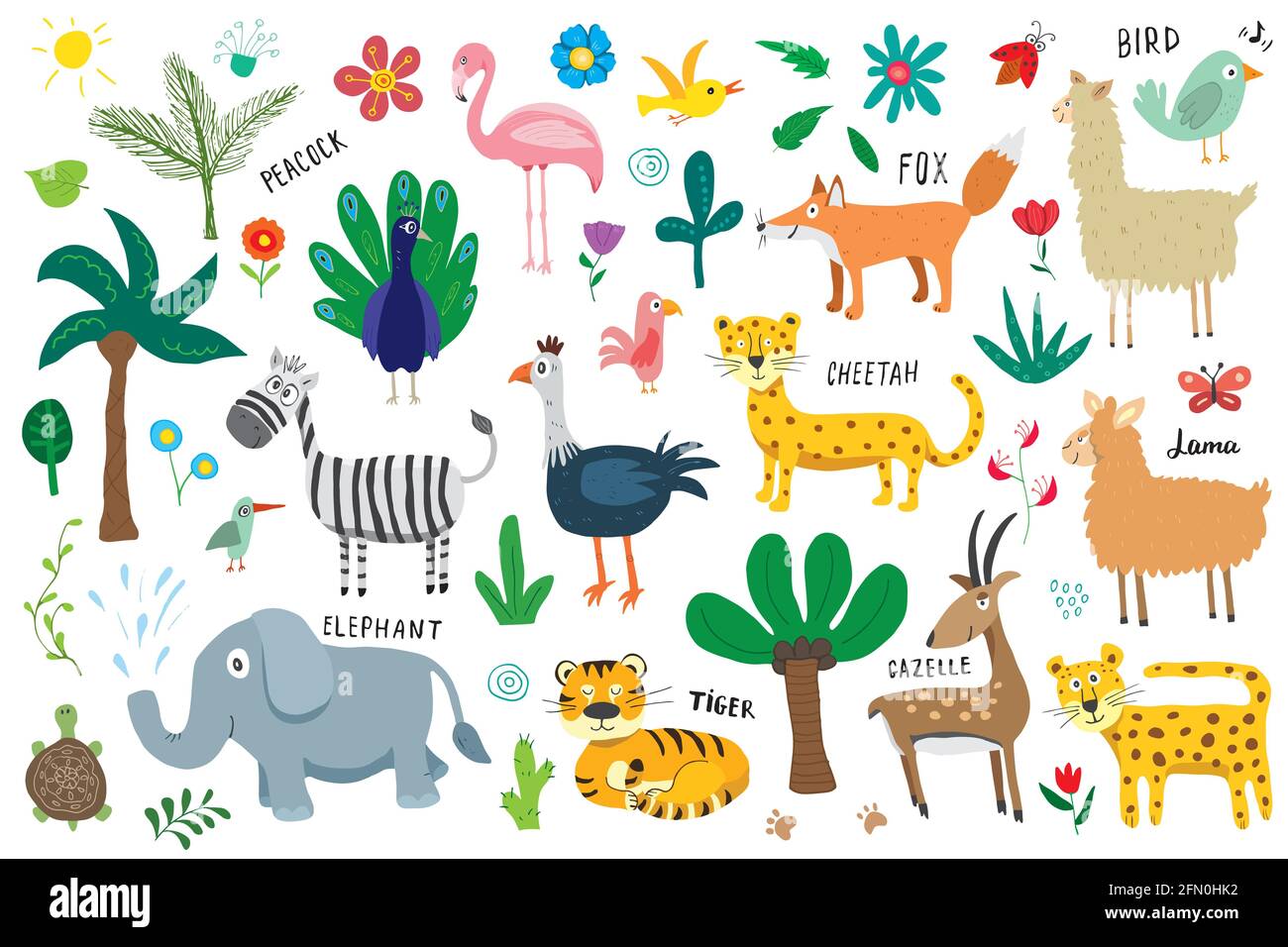 Animal Doodles Set. Cute Animals sketch. Hand drawn Cartoon Vector ...