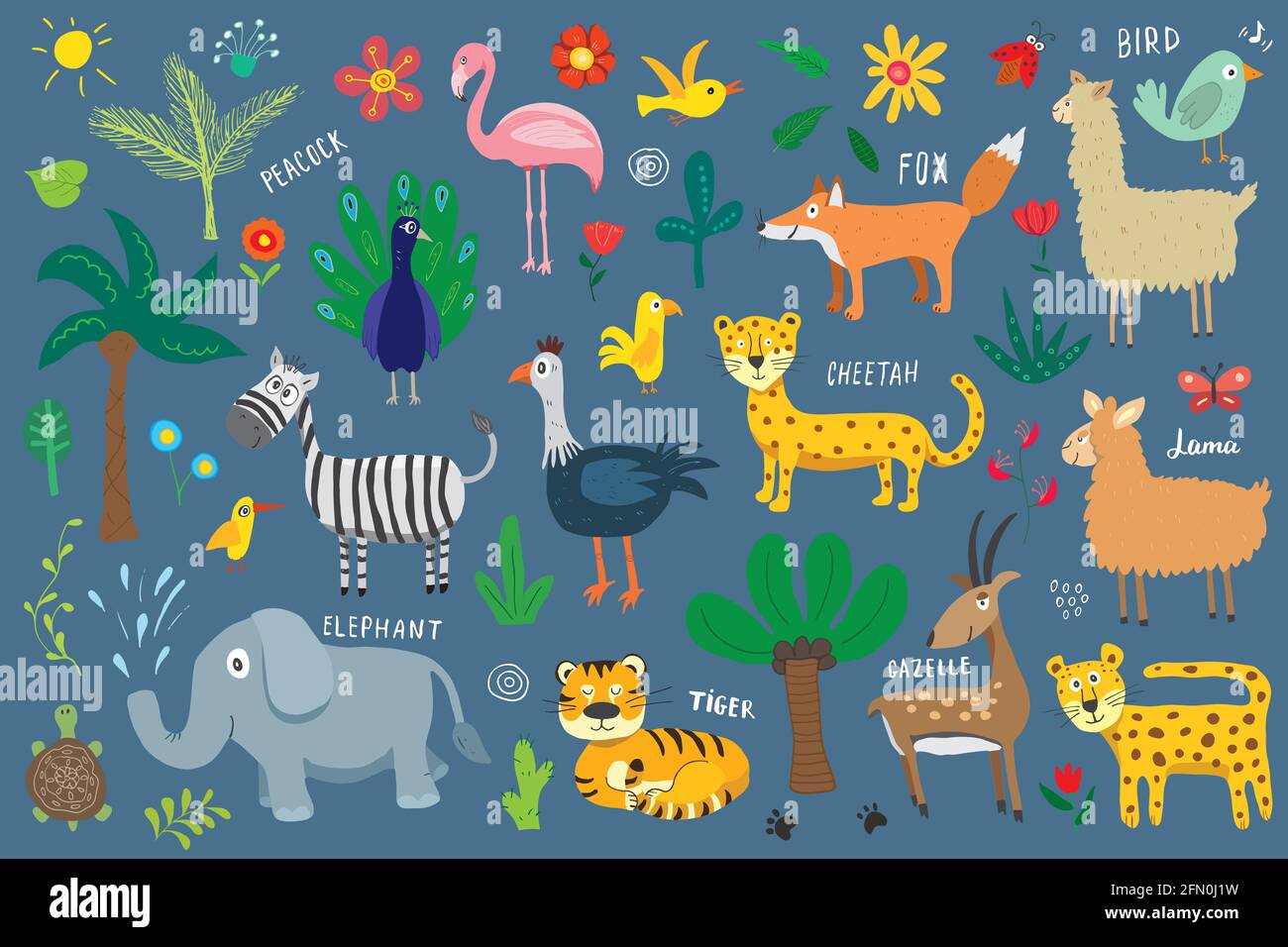 Animal Doodles Set. Cute Animals sketch. Hand drawn Cartoon Vector ...