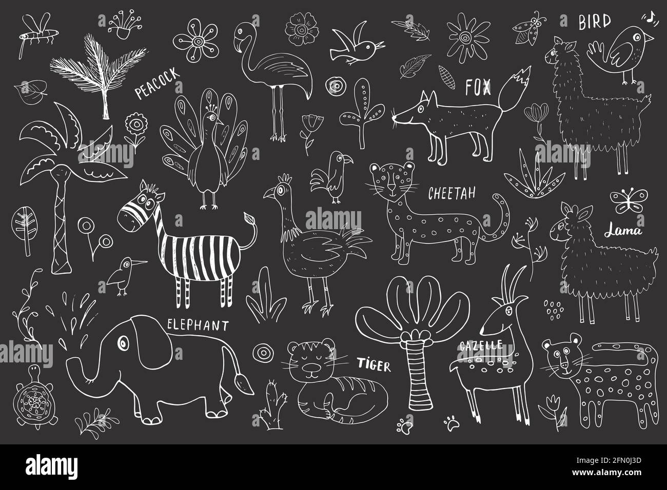 Animal Doodles Set. Cute Animals sketch. Hand drawn Cartoon Vector ...