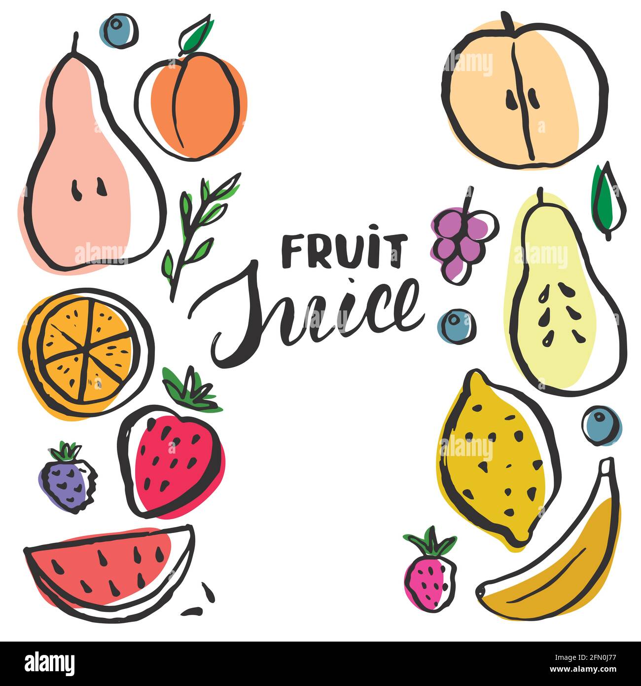 Fruit Set, collection of juicy fruits, apple, pear, strawberry, orange slice, peach, plum ...