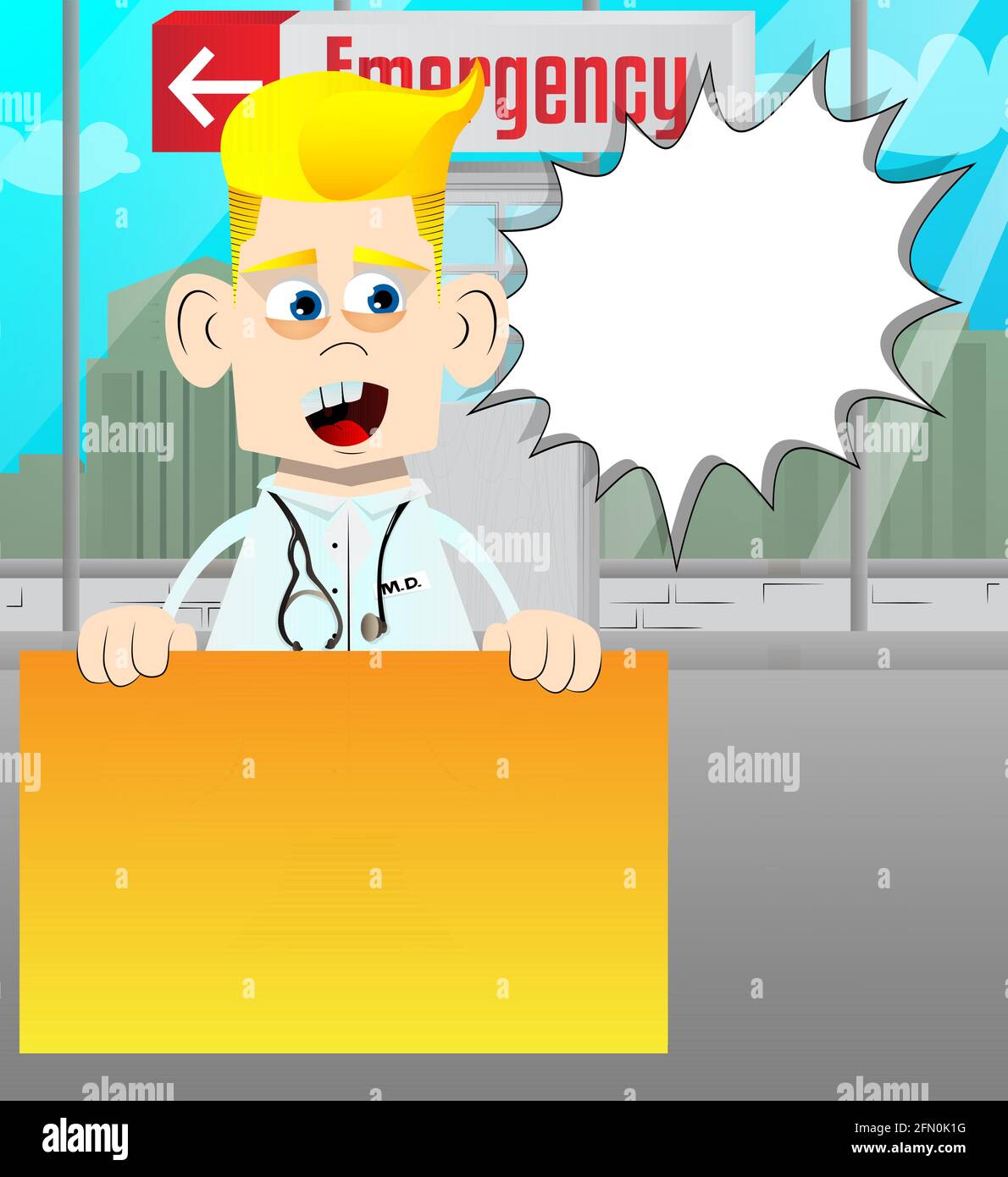 Funny cartoon doctor holding blank sign. Vector illustration. Health ...