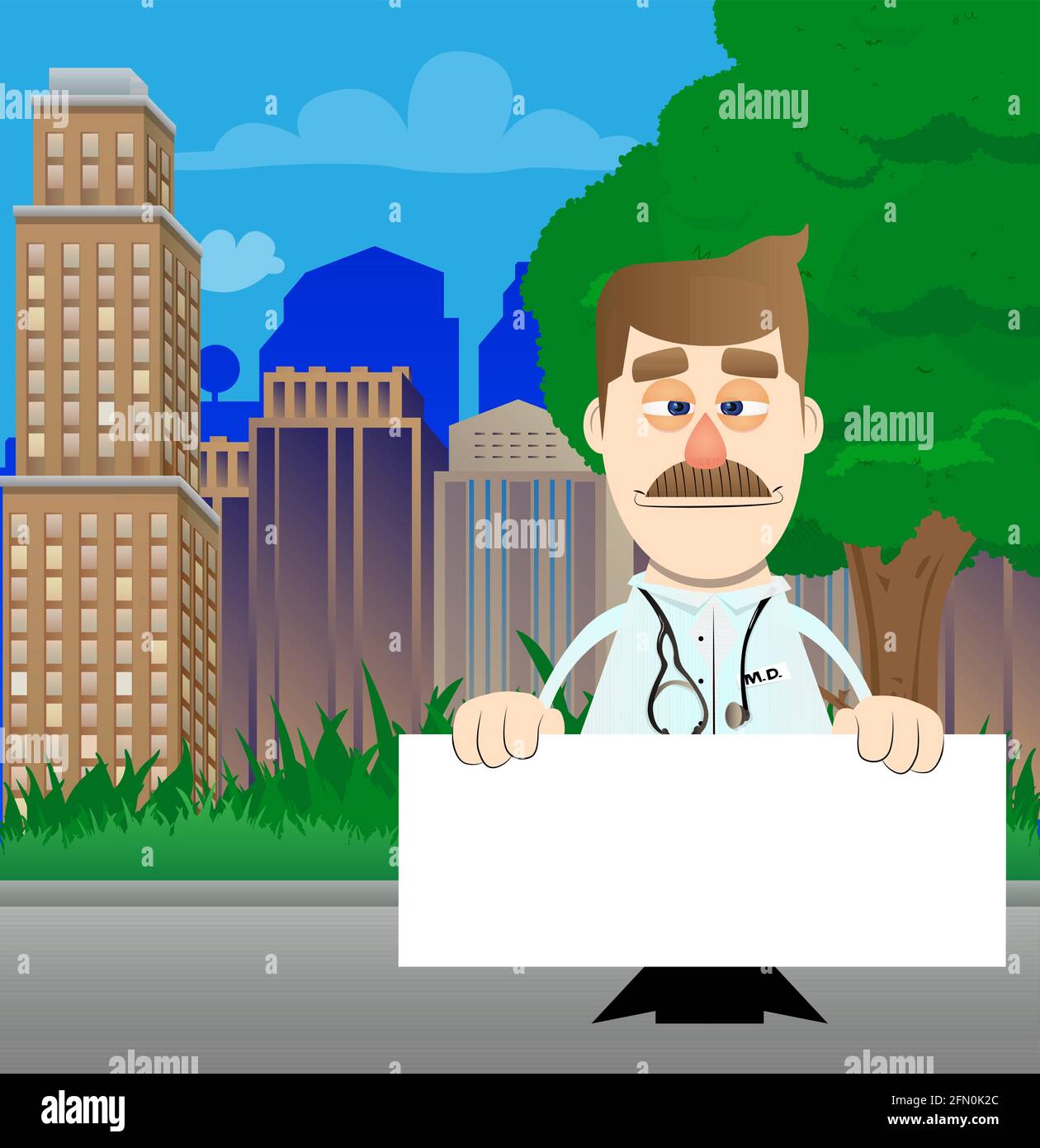 Funny cartoon doctor holding blank sign. Vector illustration. Health ...