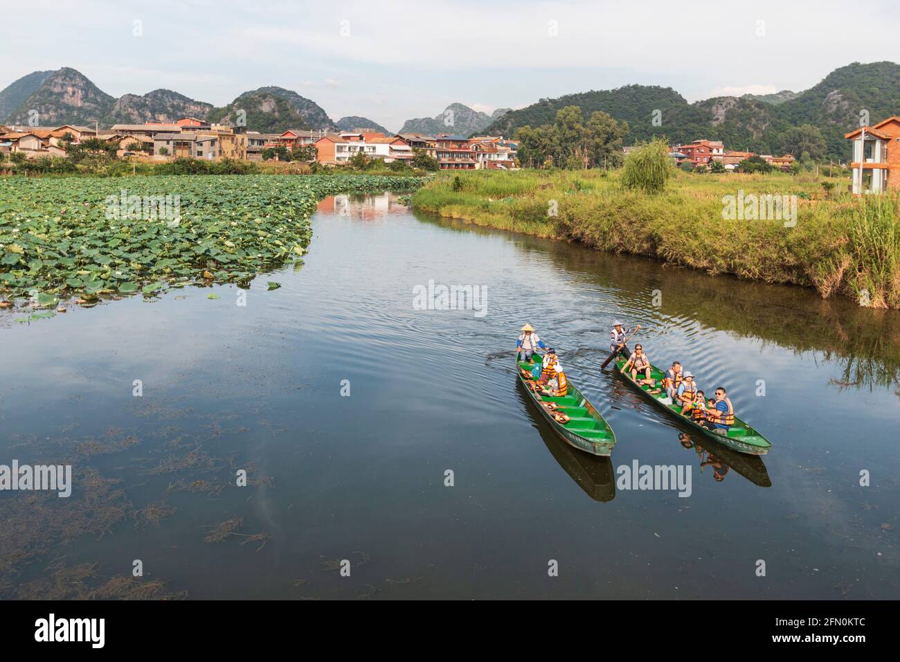 Aerial view of a boat in Puzhehei Scenic Area in Yunnan, China Stock ...