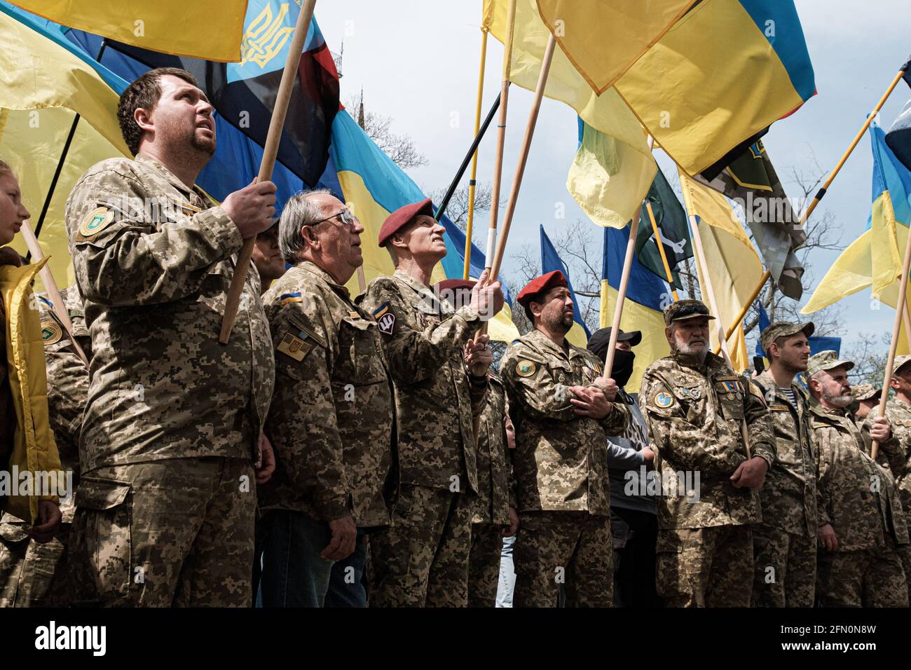 Odessa, Ukraine. 02nd May, 2021. Ukrainian servicemen hold flags during ...
