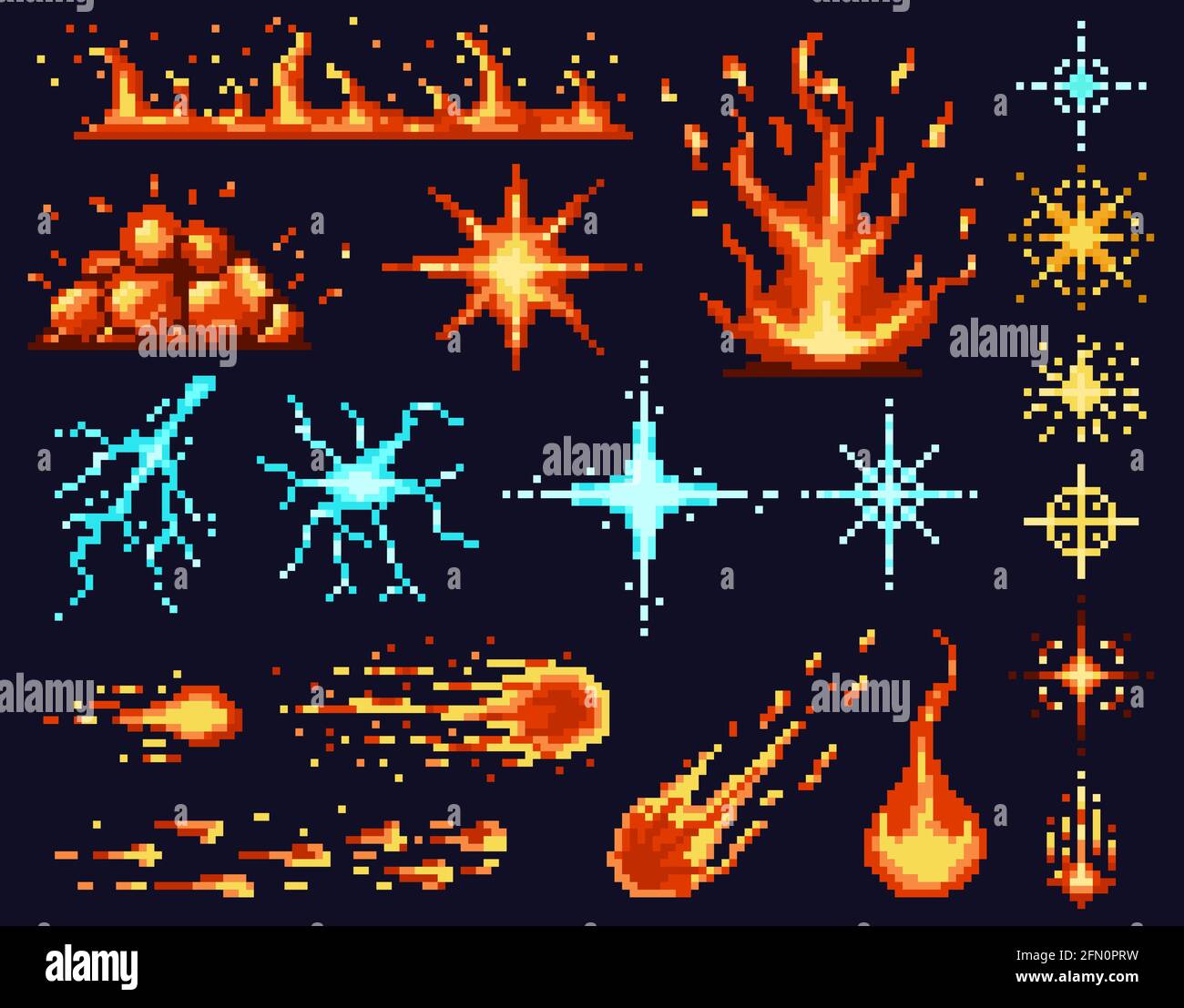 Pixel game light effects. Bright flash, light flares, sparkler, energy ...
