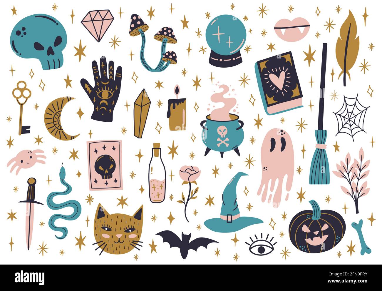 Halloween witchcraft elements. Magical doodle witch potion, skull, snake and magic cauldron ...