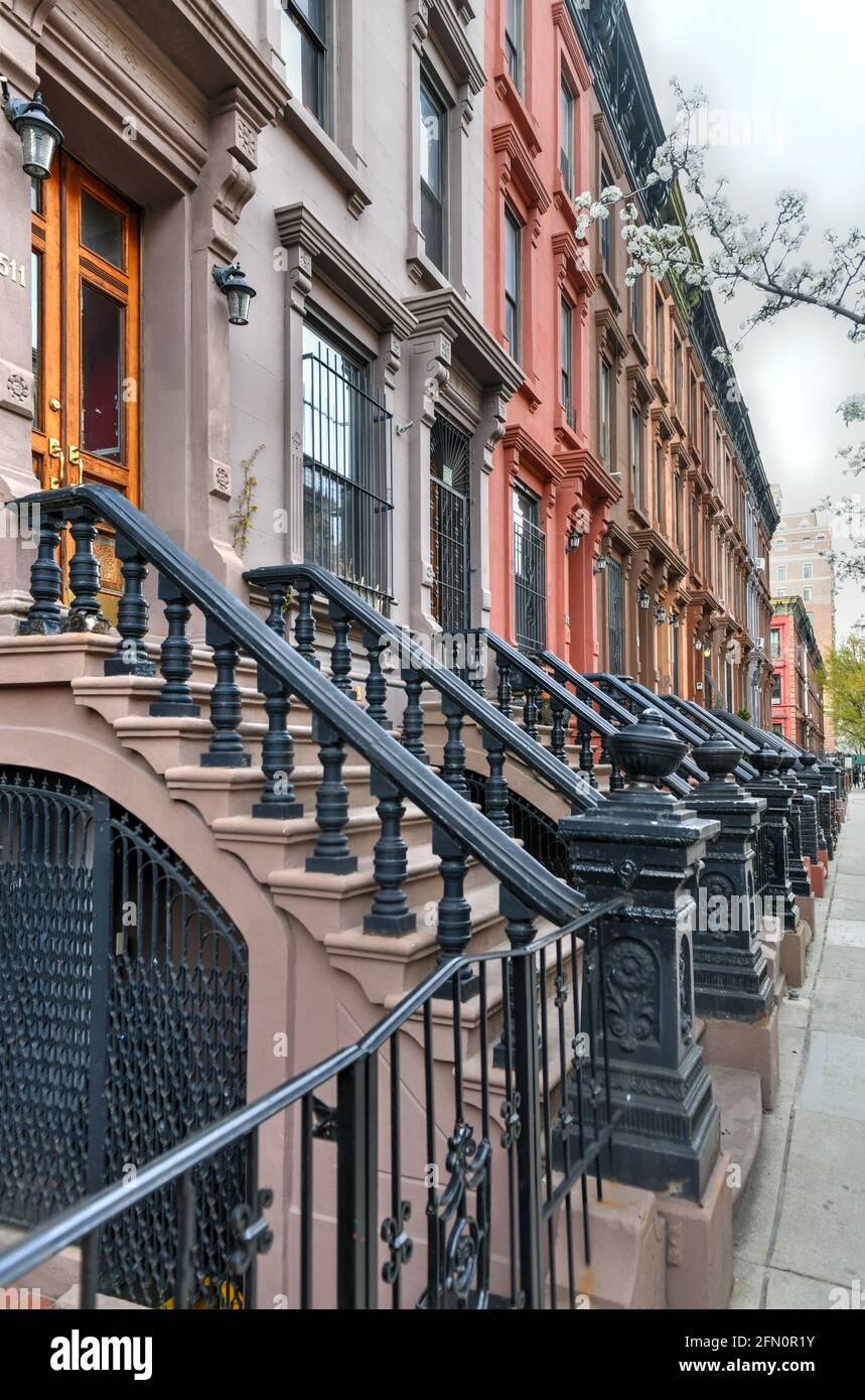 New York City - Apr 10, 2021: View of Brownstone buildings in Harlem in ...