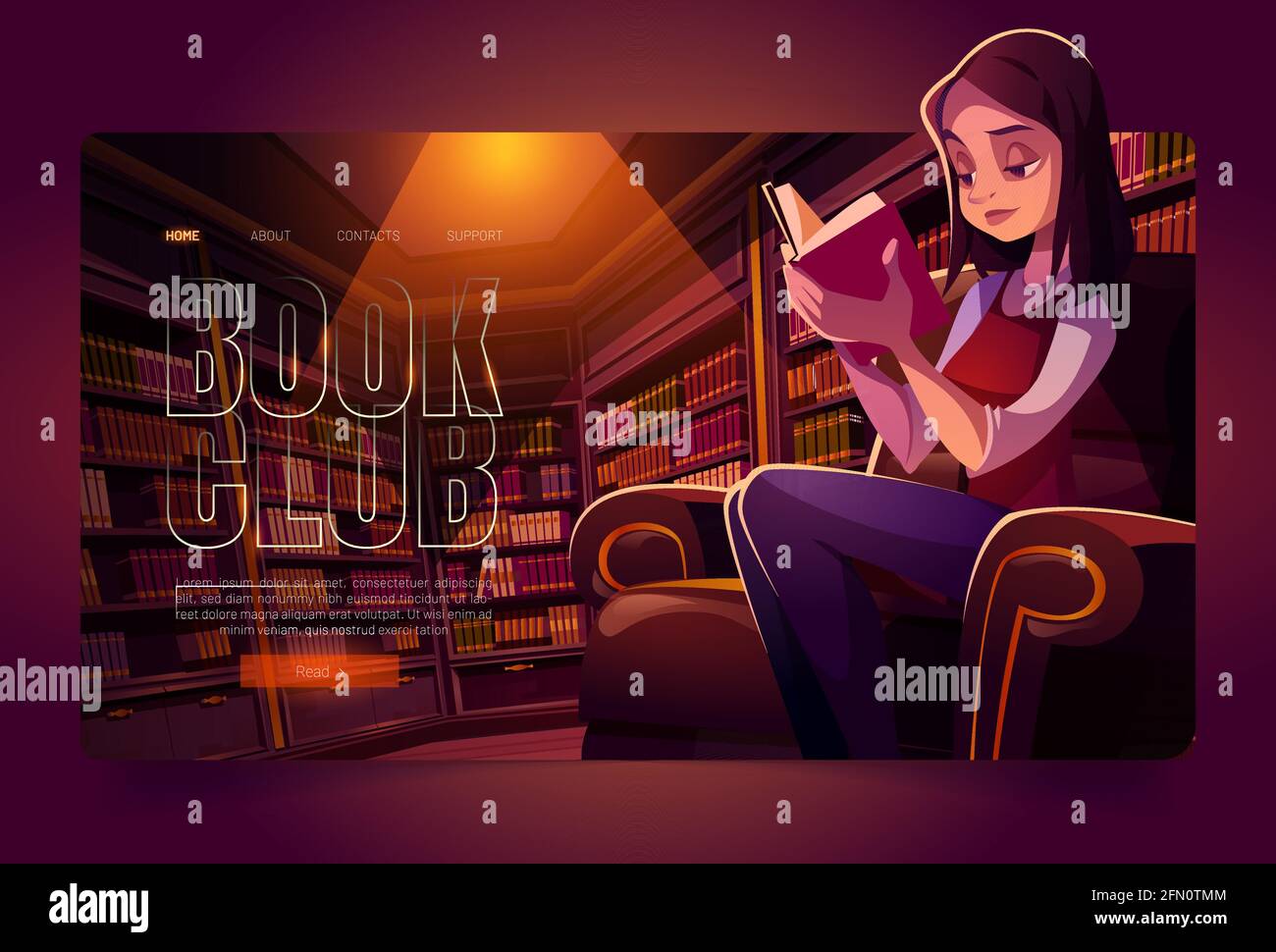 Book club cartoon landing page, young woman reading in library at night ...