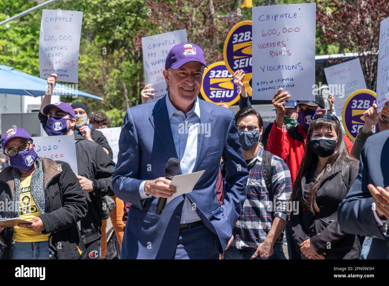 New York, NY - May 12, 2021: Mayor Bill de Blasio joined rally by 32BJ ...