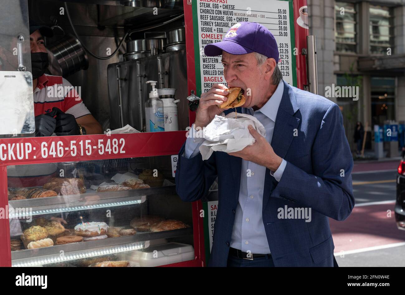 New York, NY - May 12, 2021: Mayor Bill de Blasio eats for lunch Tortas ...