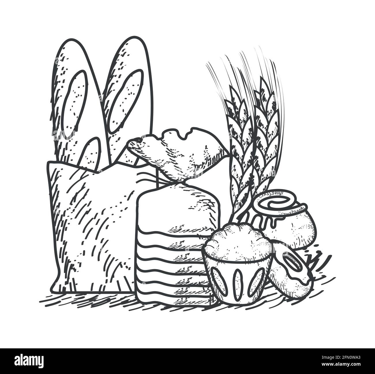 Bread pastry products illustration Black and White Stock Photos ...